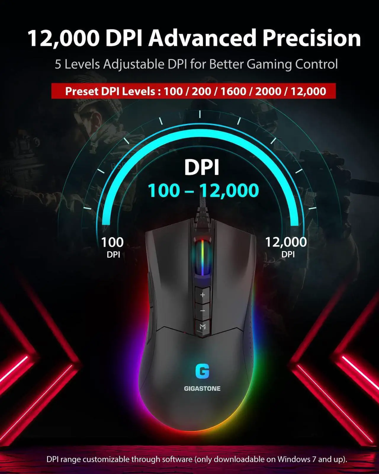 Gigastone Gaming Mouse Up to 12,000 DPI Adjustable, Wired Gaming Mouse ...