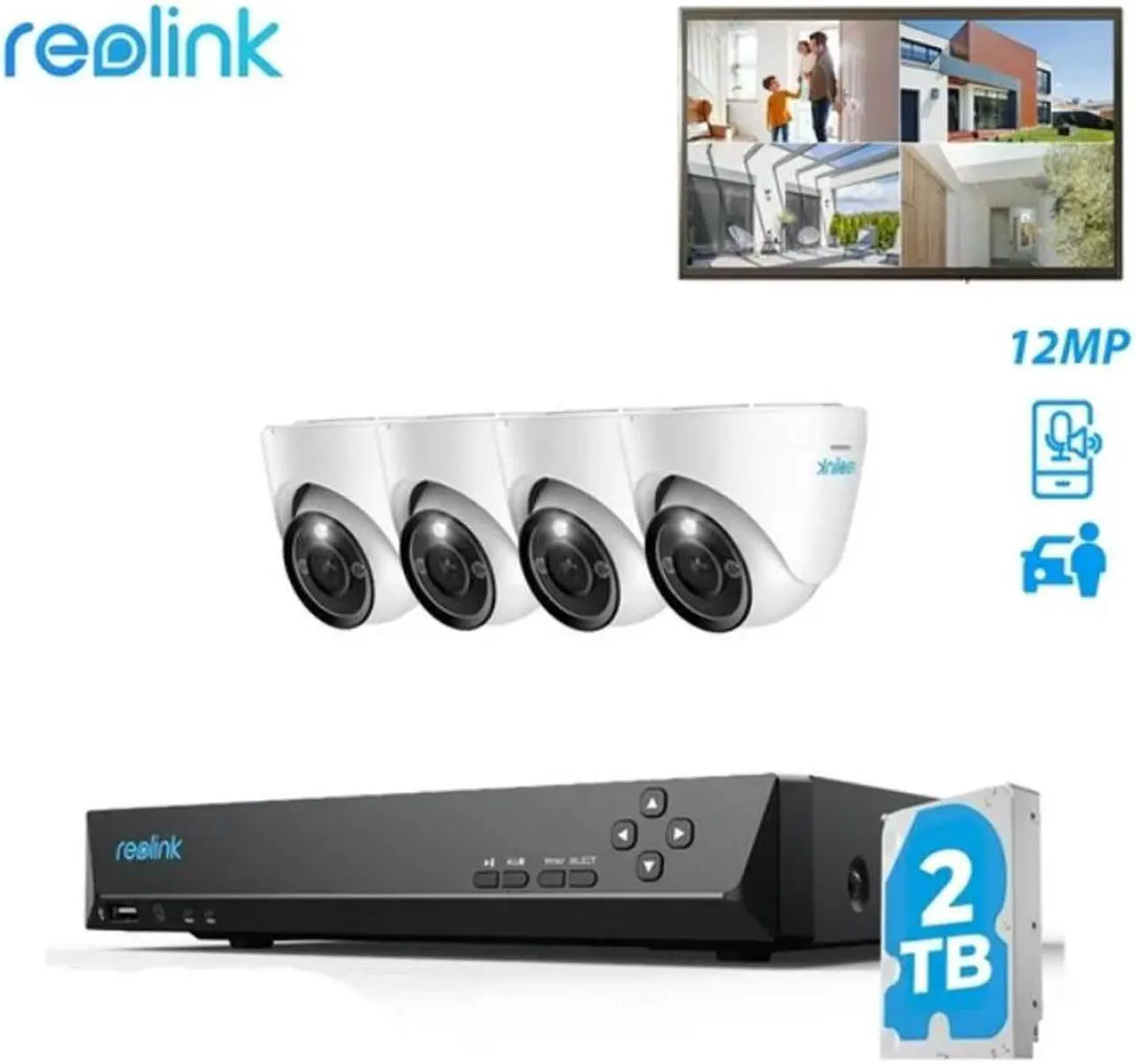 REOLINK RLK8-1200D4-A 12MP 8CH PoE Security System, 4pcs H.265 12MP Domes Cameras Wired, Person ...
