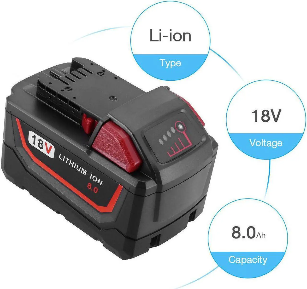 8.0AH 48-11-1880 For Milwaukee M18 18 Volt Lithium Battery 48-11-1860 ...