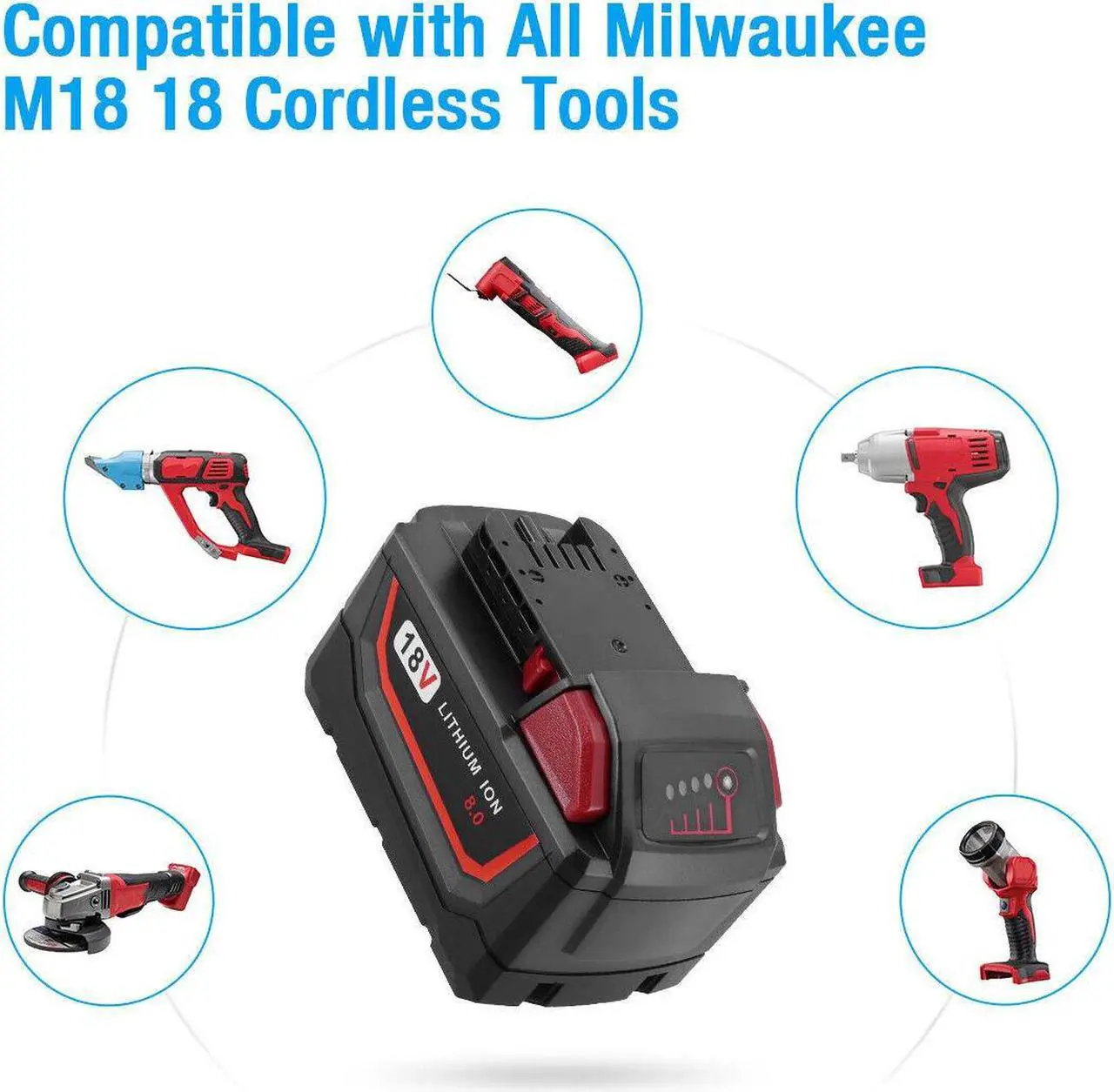 8.0AH 48-11-1880 For Milwaukee M18 18 Volt Lithium Battery 48-11-1860 ...