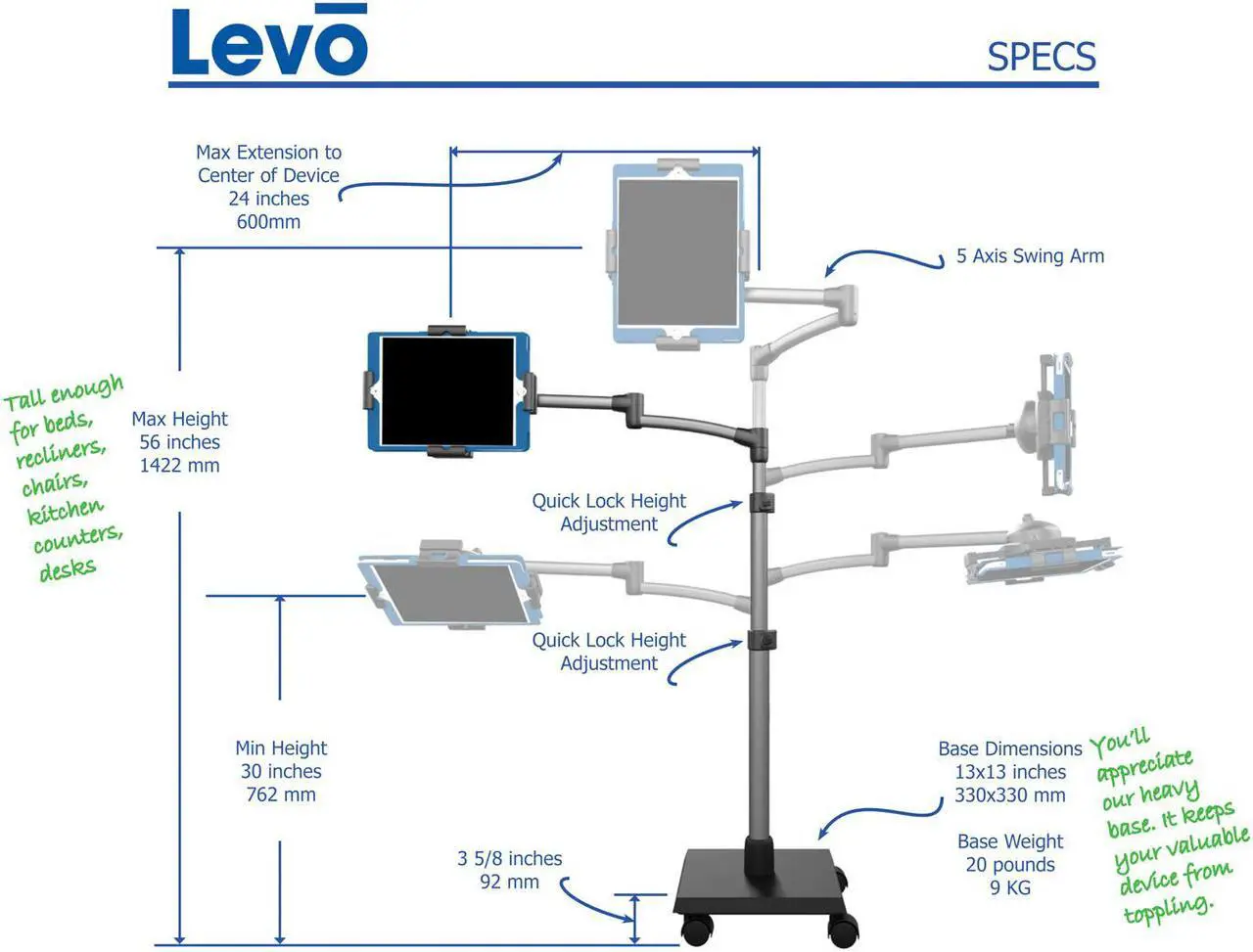 LEVO G2 Deluxe Tablet Stand for iPad, iPad Pro, Galaxy, Nook, Kindle ...