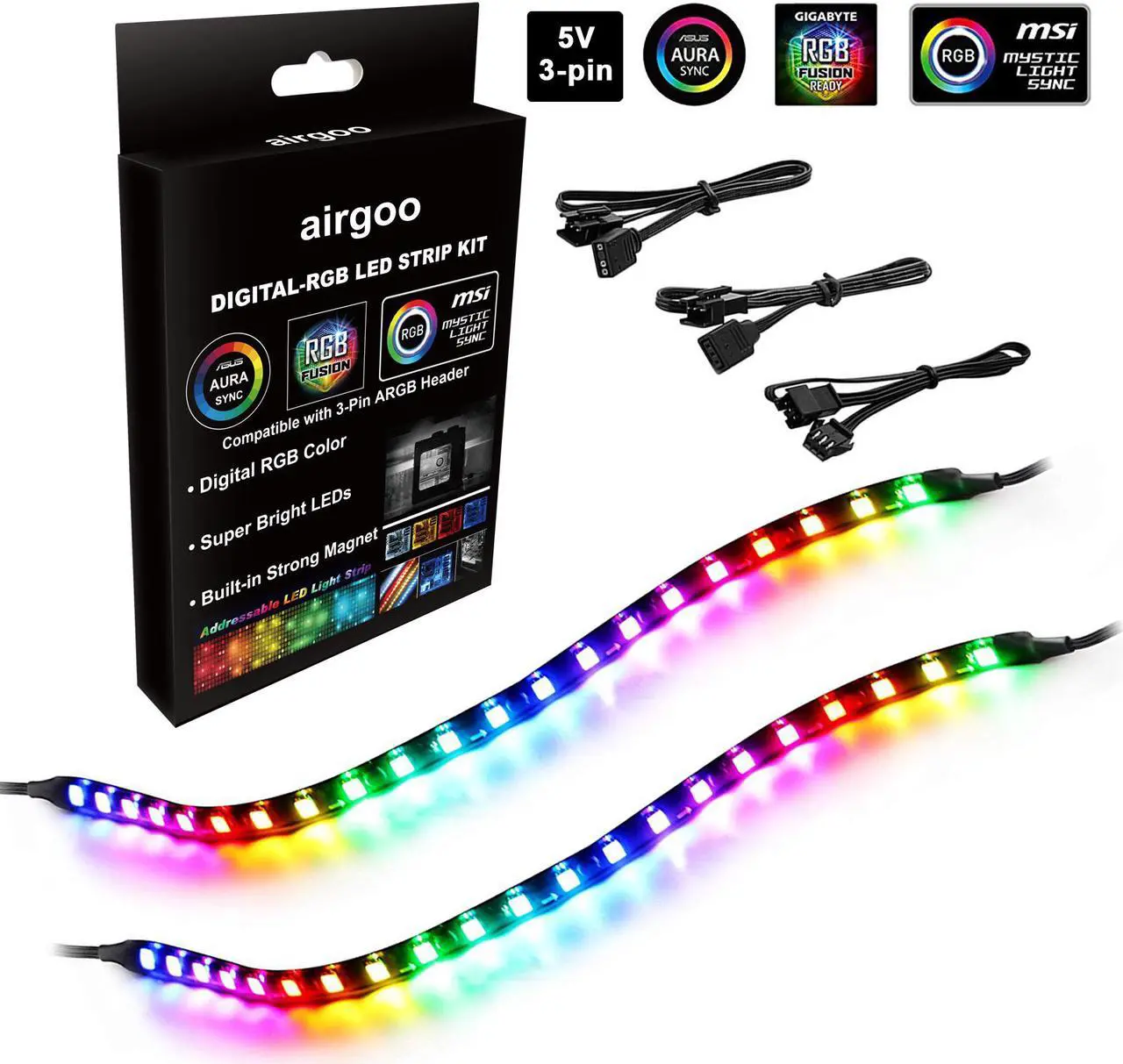 Airgoo Addressable RGB PC LED Strip, 2x13.8in 42 LEDs Diffused Rainbow ...