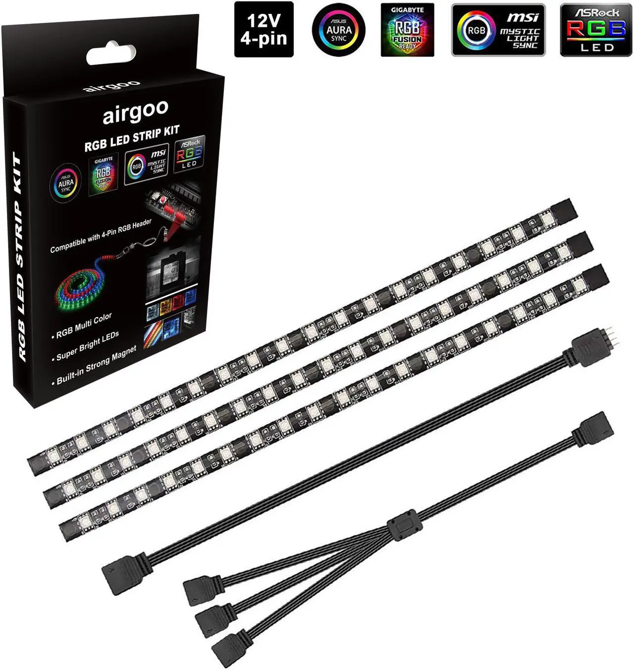 Airgoo PC RGB LED Strip Light, 3pcs Magnetic LED Strip for M/B with 12V ...