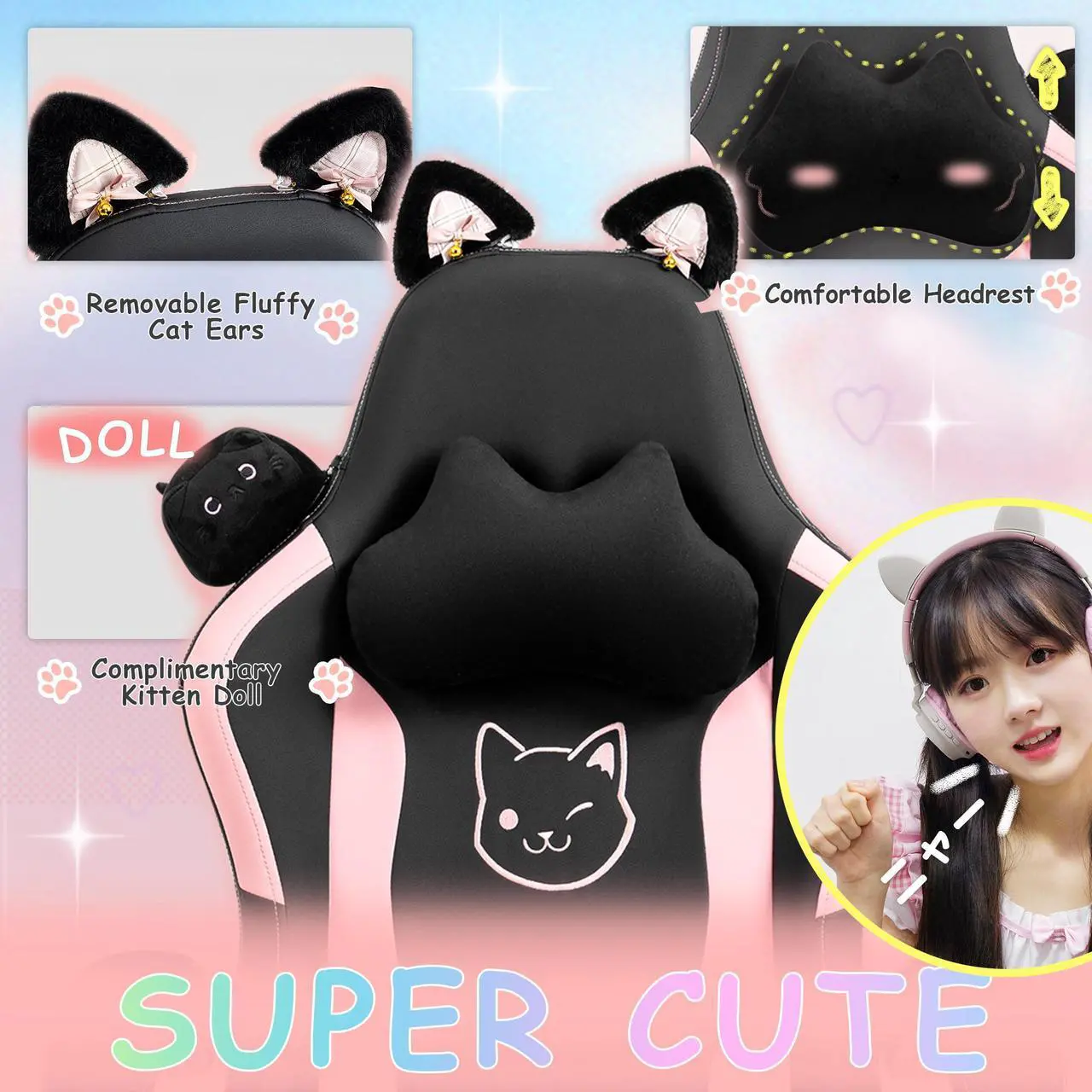 Dowinx Cute Cat-Ear Gaming Chair with Massaging Lumbar Support ...