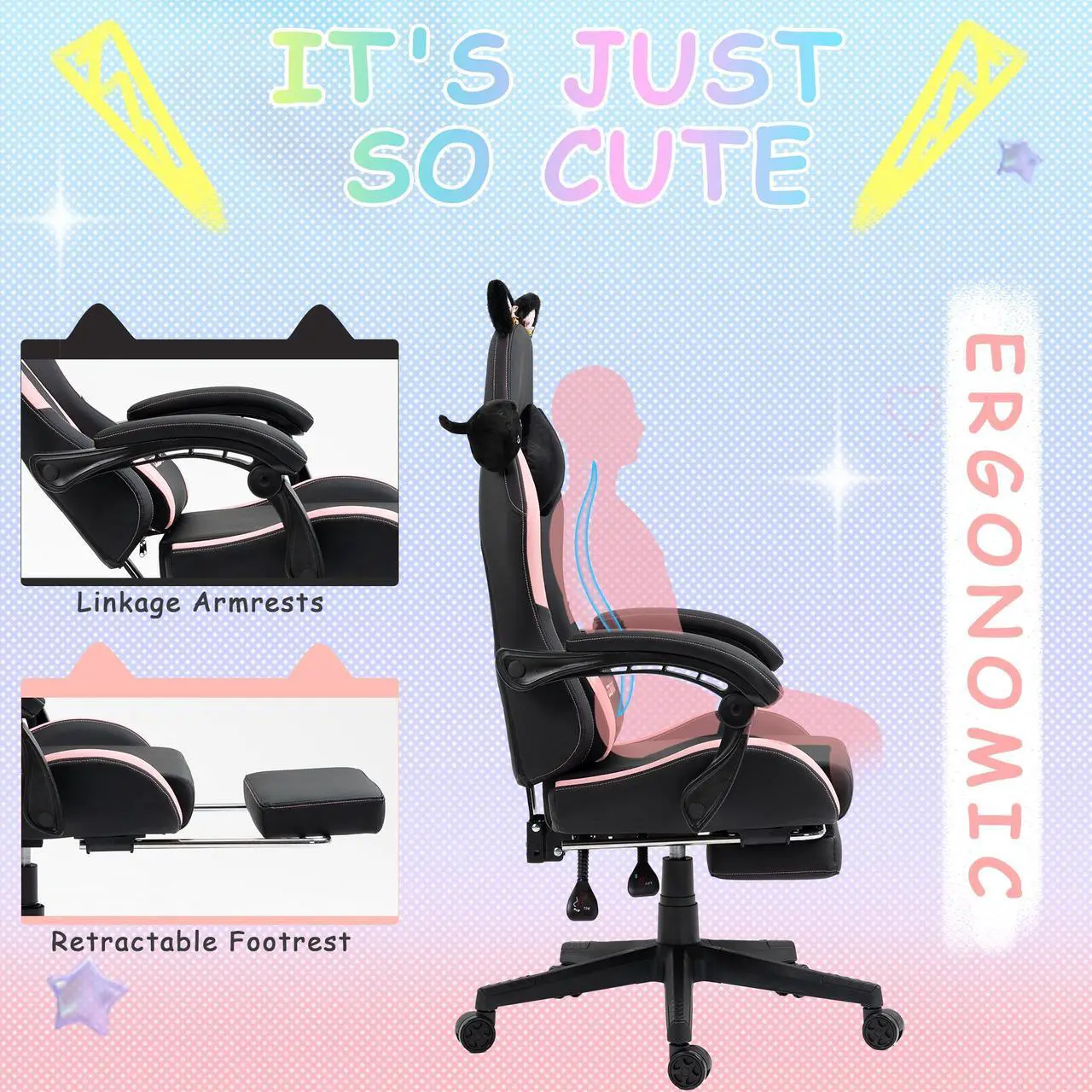Dowinx Cute Cat-Ear Gaming Chair with Massaging Lumbar Support ...