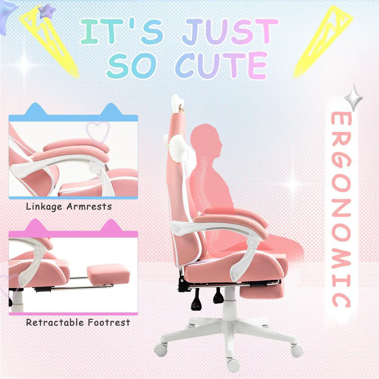 Dowinx Cute Cat-Ear Gaming Chair with Massaging Lumbar Support ...