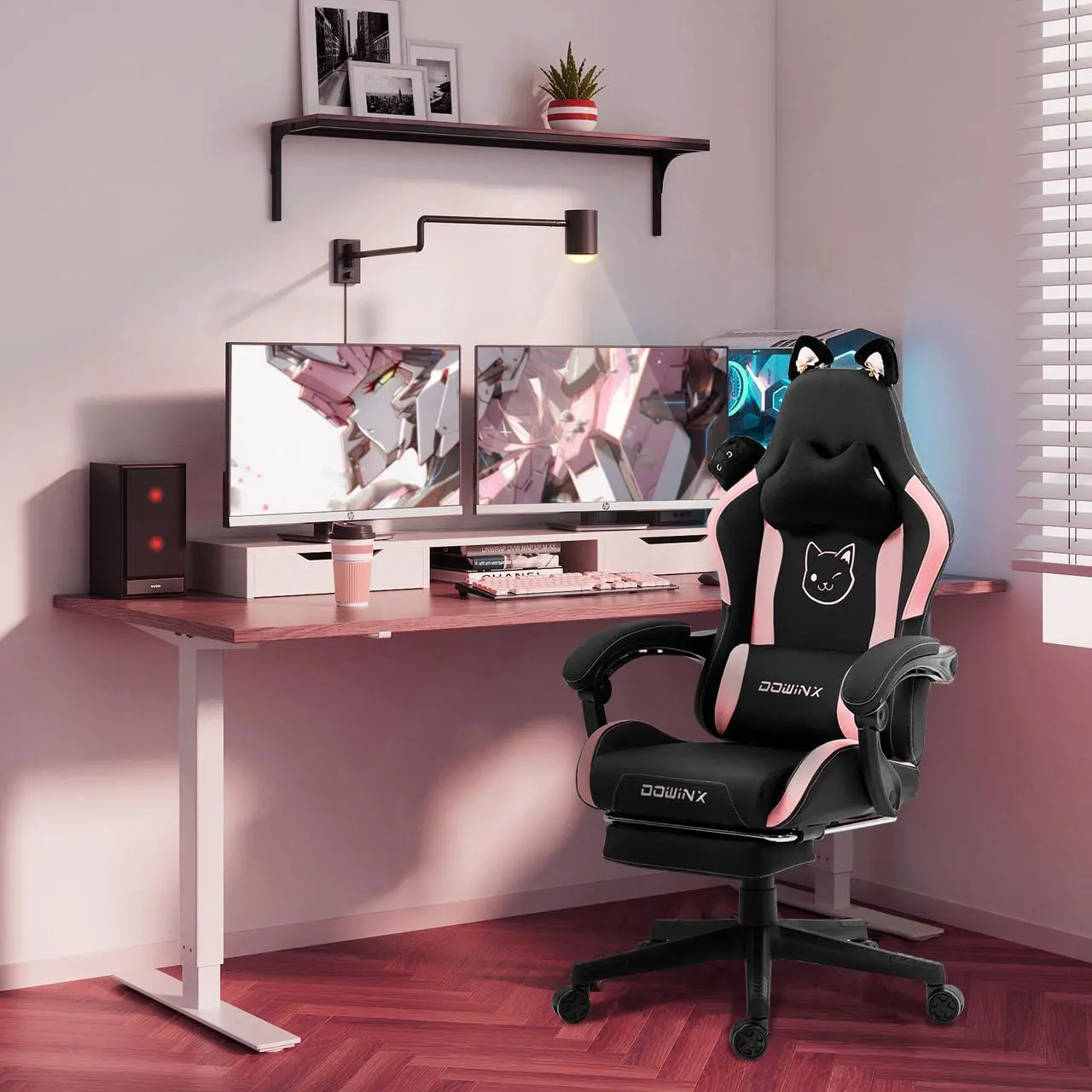 Dowinx Cute Cat-Ear Gaming Chair with Massaging Lumbar Support ...