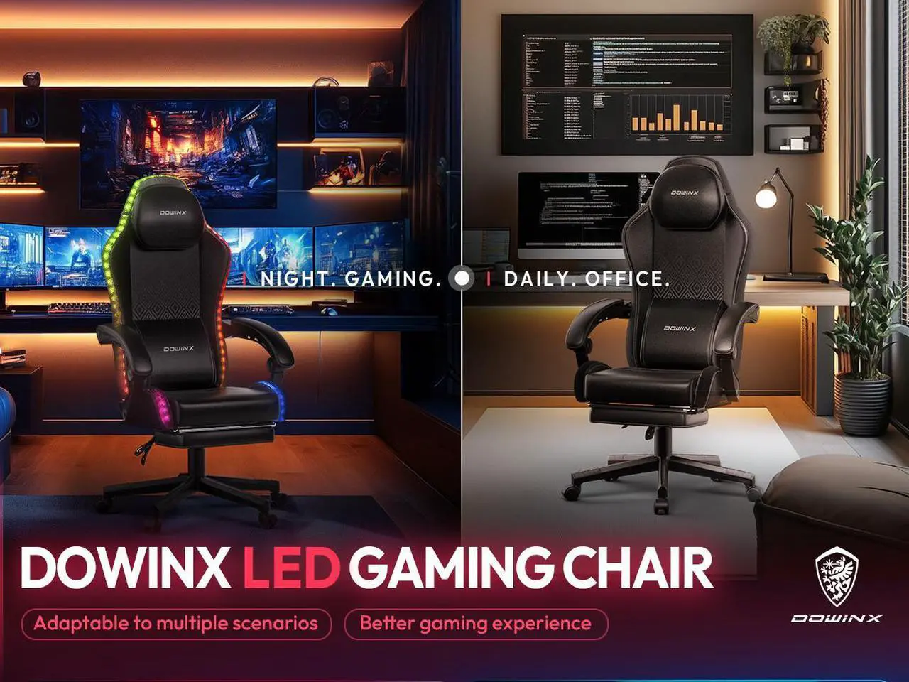 Dowinx Gaming Chair with RGB Lights, LED Gaming Chair with Footrest for ...