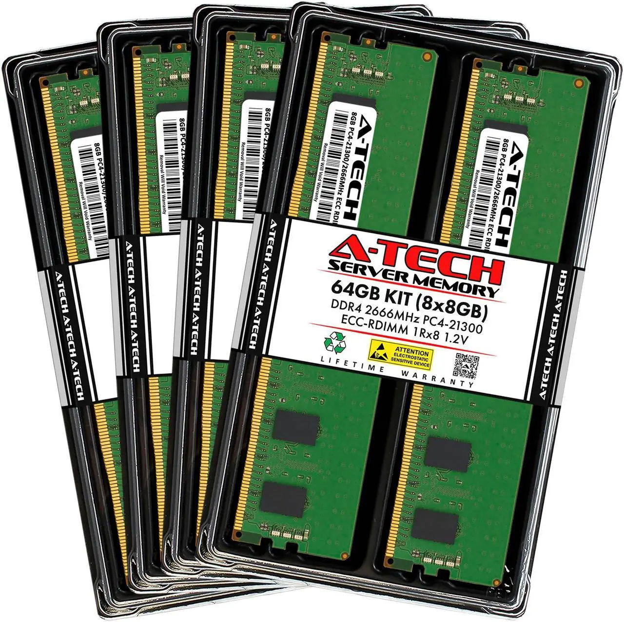 A-Tech 64GB (8x8GB) 1Rx8 PC4-21300R DDR4 2666 MHz ECC RDIMM Registered DIMM 288-Pin Single Rank ...