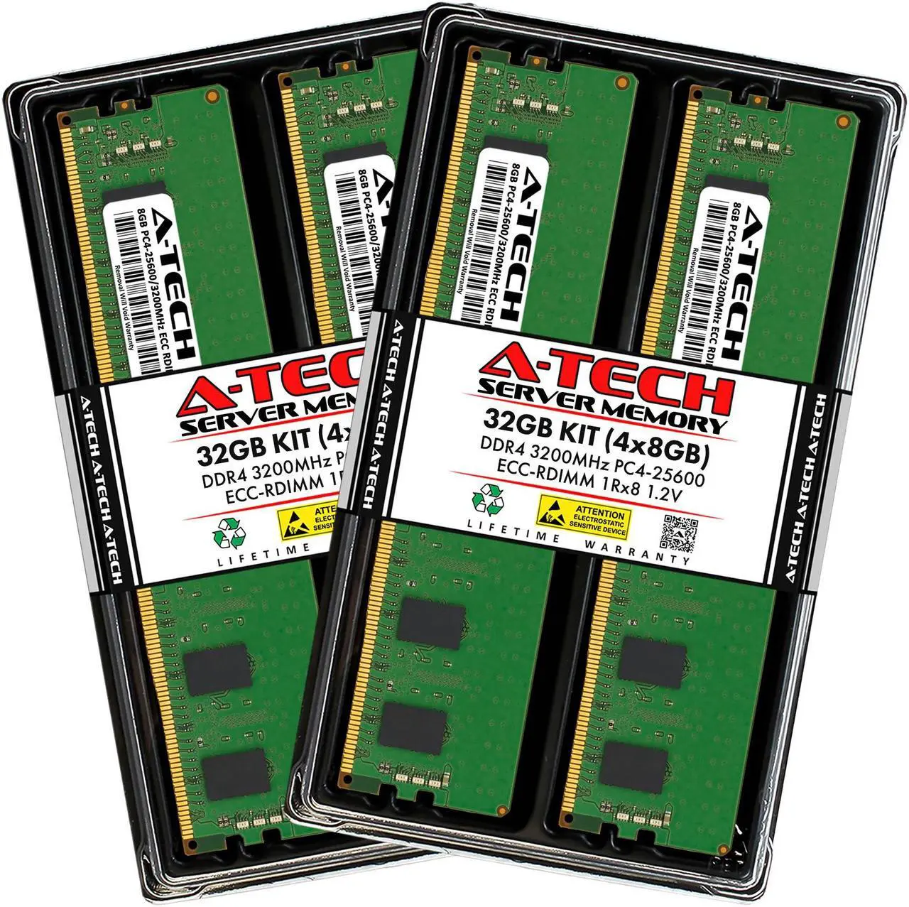 A-Tech 32GB (4x8GB) 1Rx8 PC4-25600R DDR4 3200 MHz ECC RDIMM Registered ...