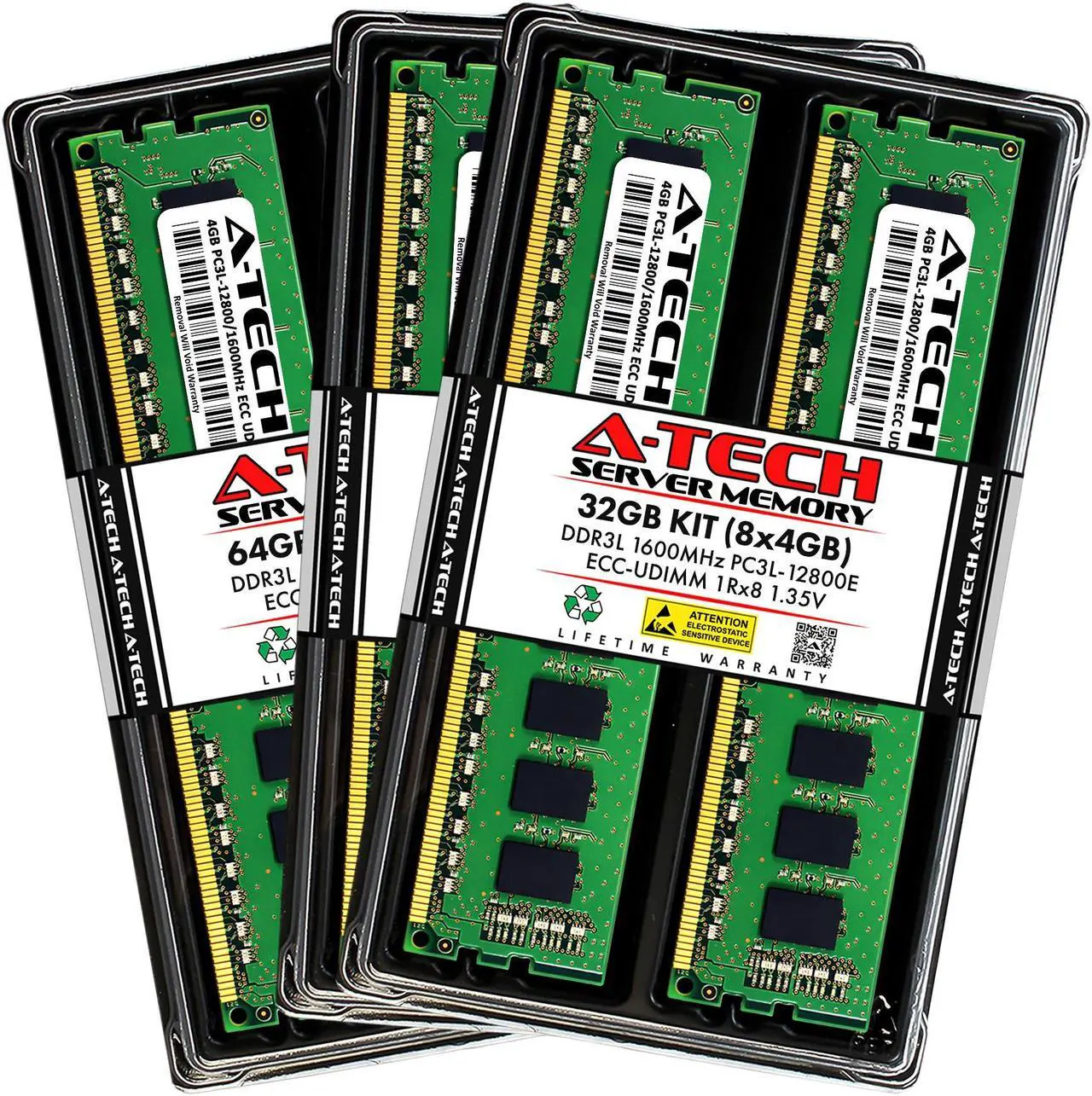 A-Tech 32GB (8x4GB) 1Rx8 PC3L-12800E DDR3 / DDR3L 1600 MHz ECC UDIMM 1 ...
