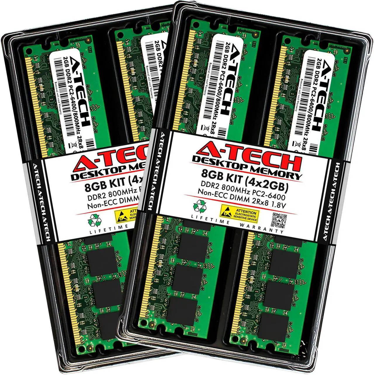 A-Tech 8GB (4x2GB) DDR2 800MHz DIMM PC2-6400 UDIMM Non-ECC 1.8V CL6 240 ...