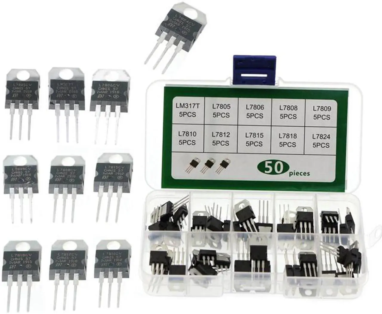 Transistor Assortment Kit 10Value 50PCS Voltage Regulator LM317T L7805 L7806 L7808 L7809 L7810 ...