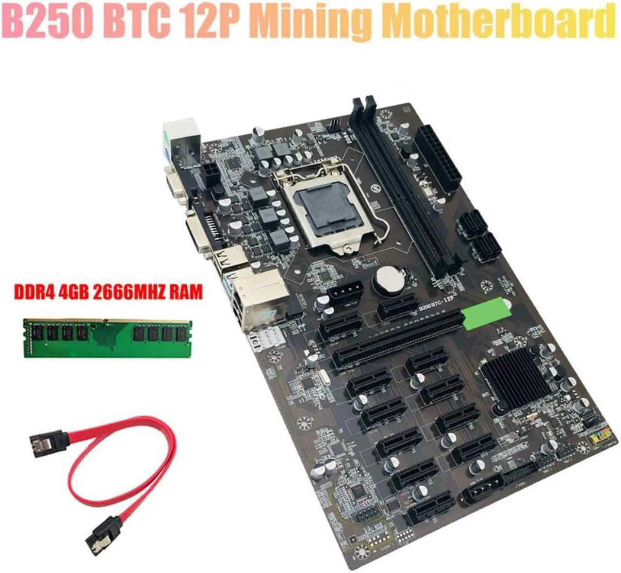 B250 BTC Mining Motherboard+DDR4 4GB 2666Mhz RAM LGA1151 12xGPU Card ...