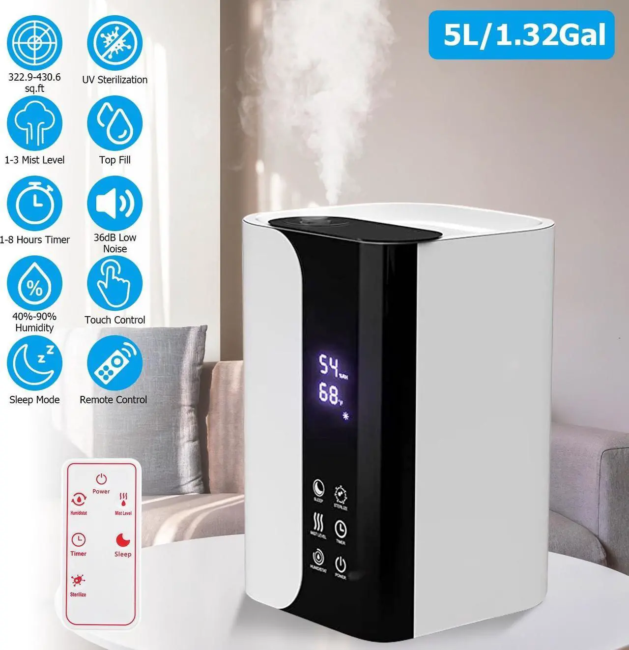 5L/1.32Gal Humidifiers Top Fill Cool Mist Humidifier with Essential ...
