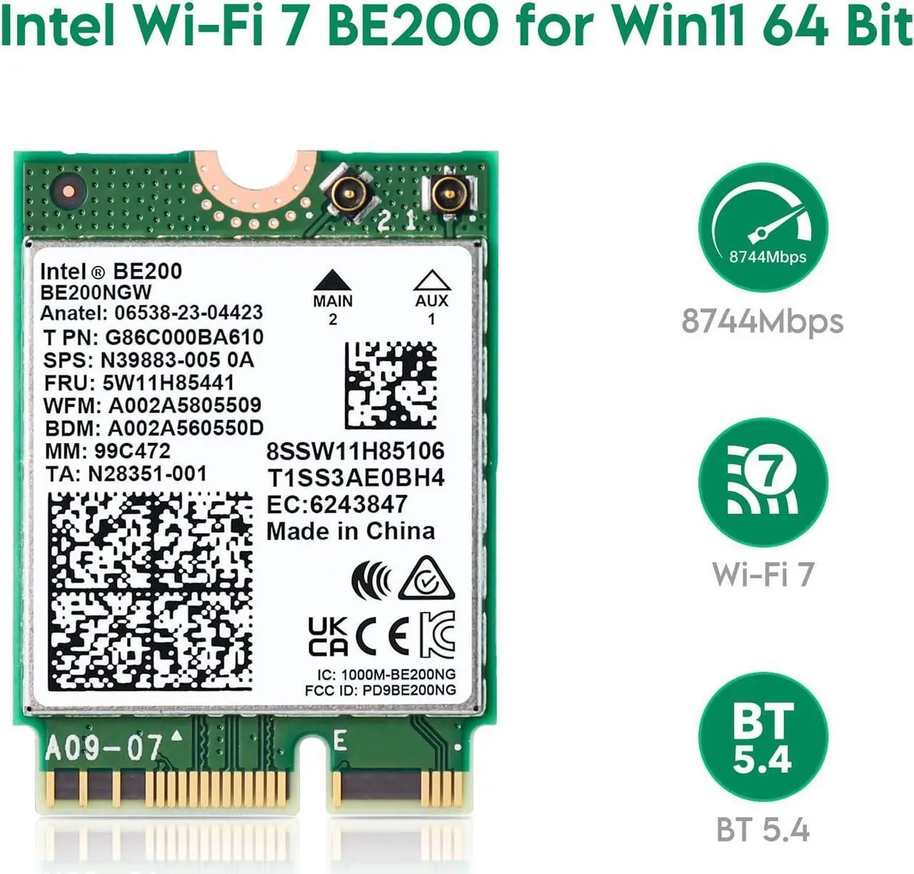 Wireless WiFi Network Card, BE200 WiFi 7 Adapter, BE200NGW 8774Mbps Bluetooth 5.4 Tri-Band 802 ...
