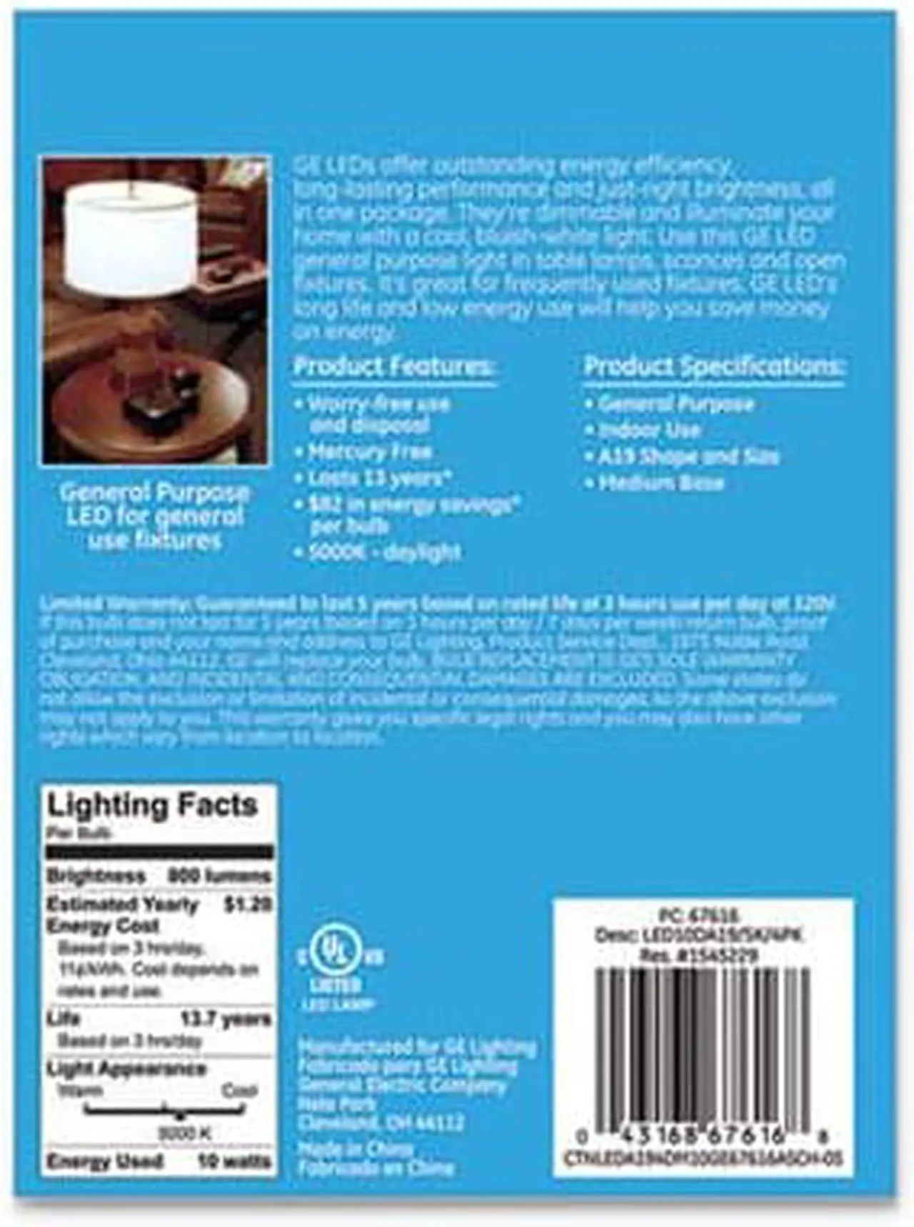 GE 67616 LED A9 Daylight Light Bulb, 10 Watts, 4/Pack - Newegg.com