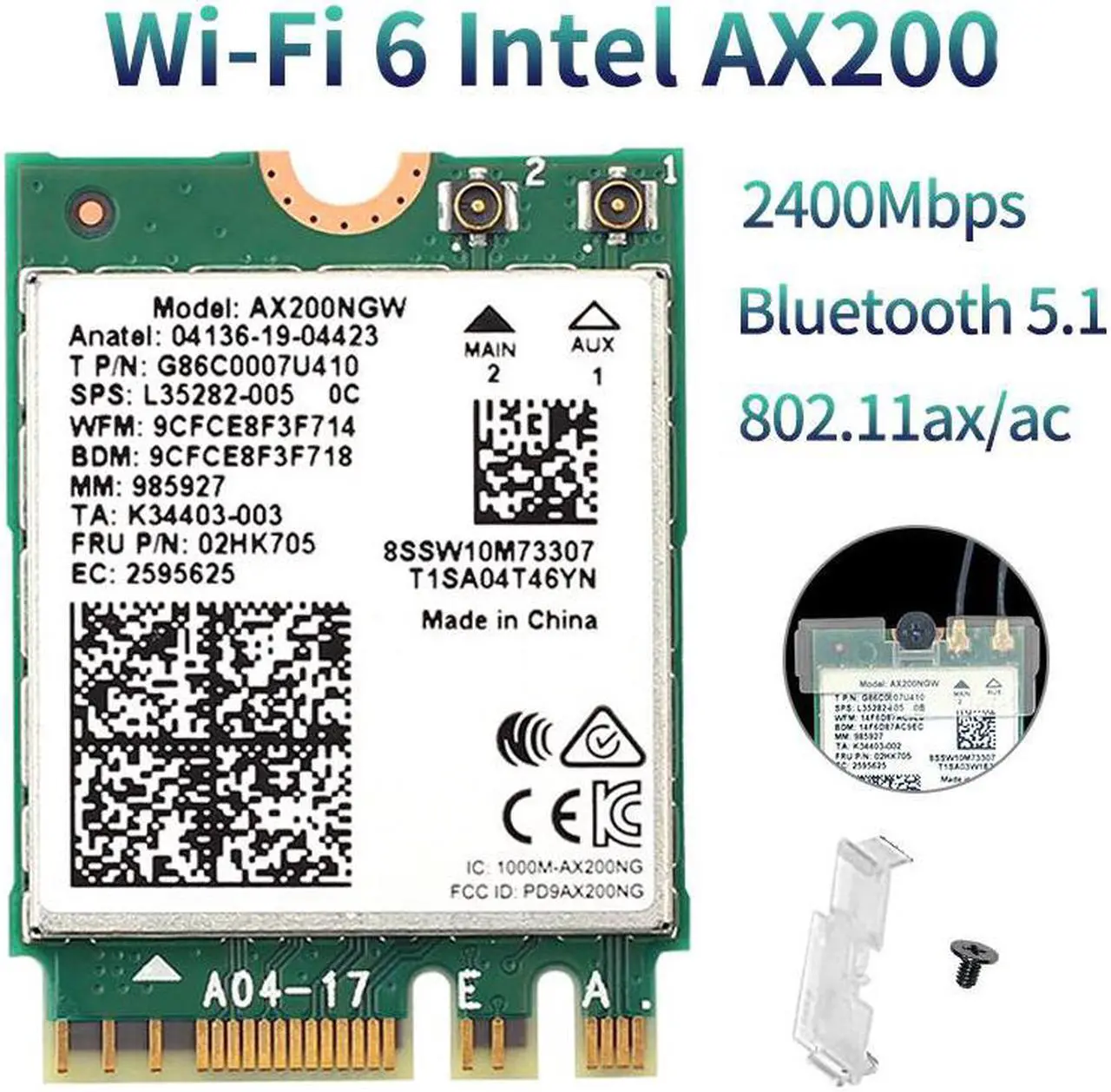6 Dual Band For Intel AX200 2400Mbps Wireless AX200NGW NGFF M.2 ...