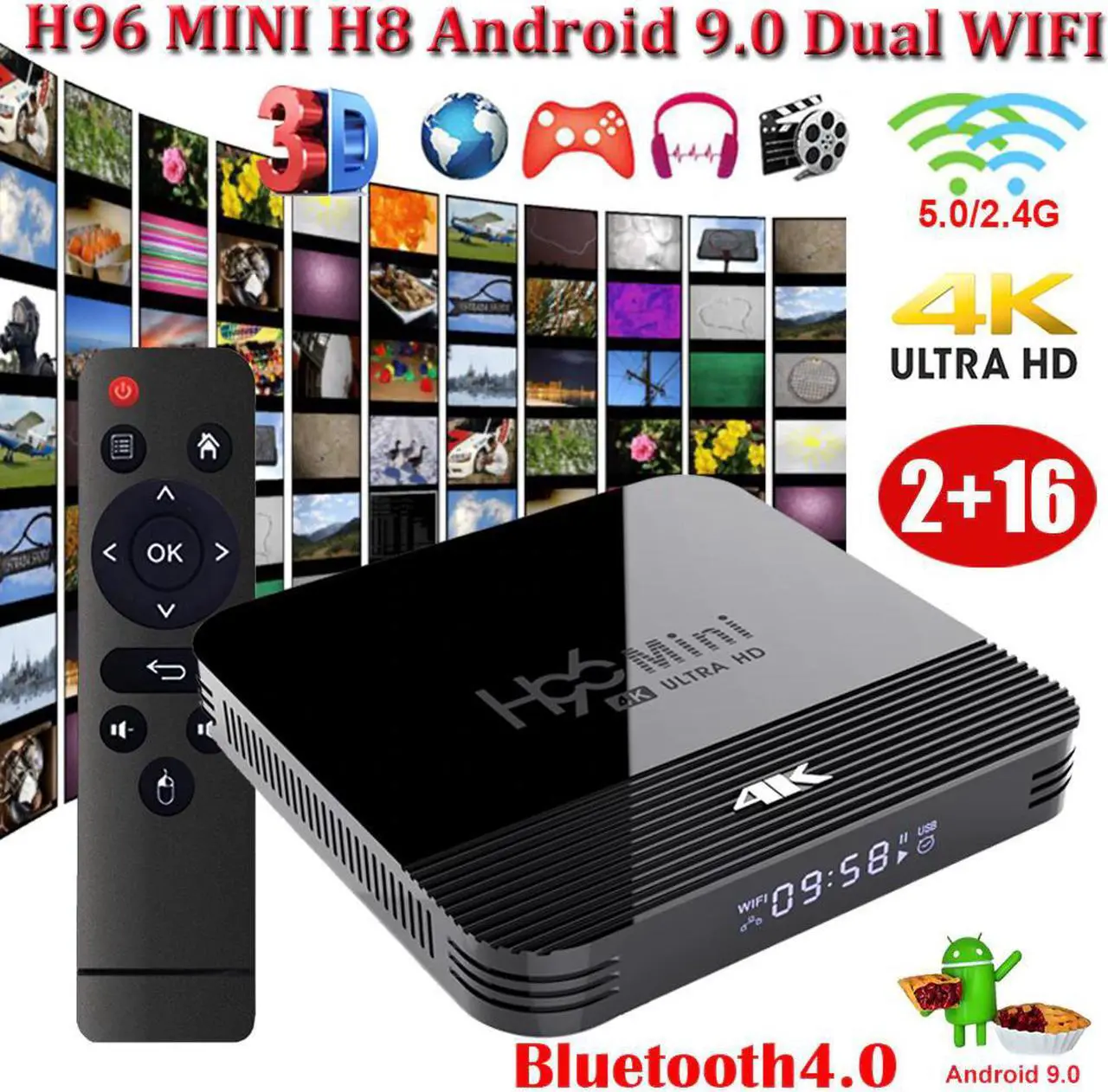 H96 MINI H8 4k HD TV Box 4.0 Bluetooth Wifi 2.0 Android 9.0 Media ...