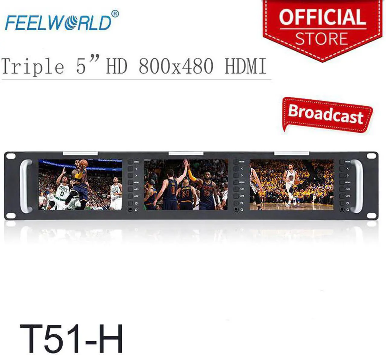 T51-H Triple 5" 2RU 800x480 Broadcast Rack Mount Monitor AV Input ...