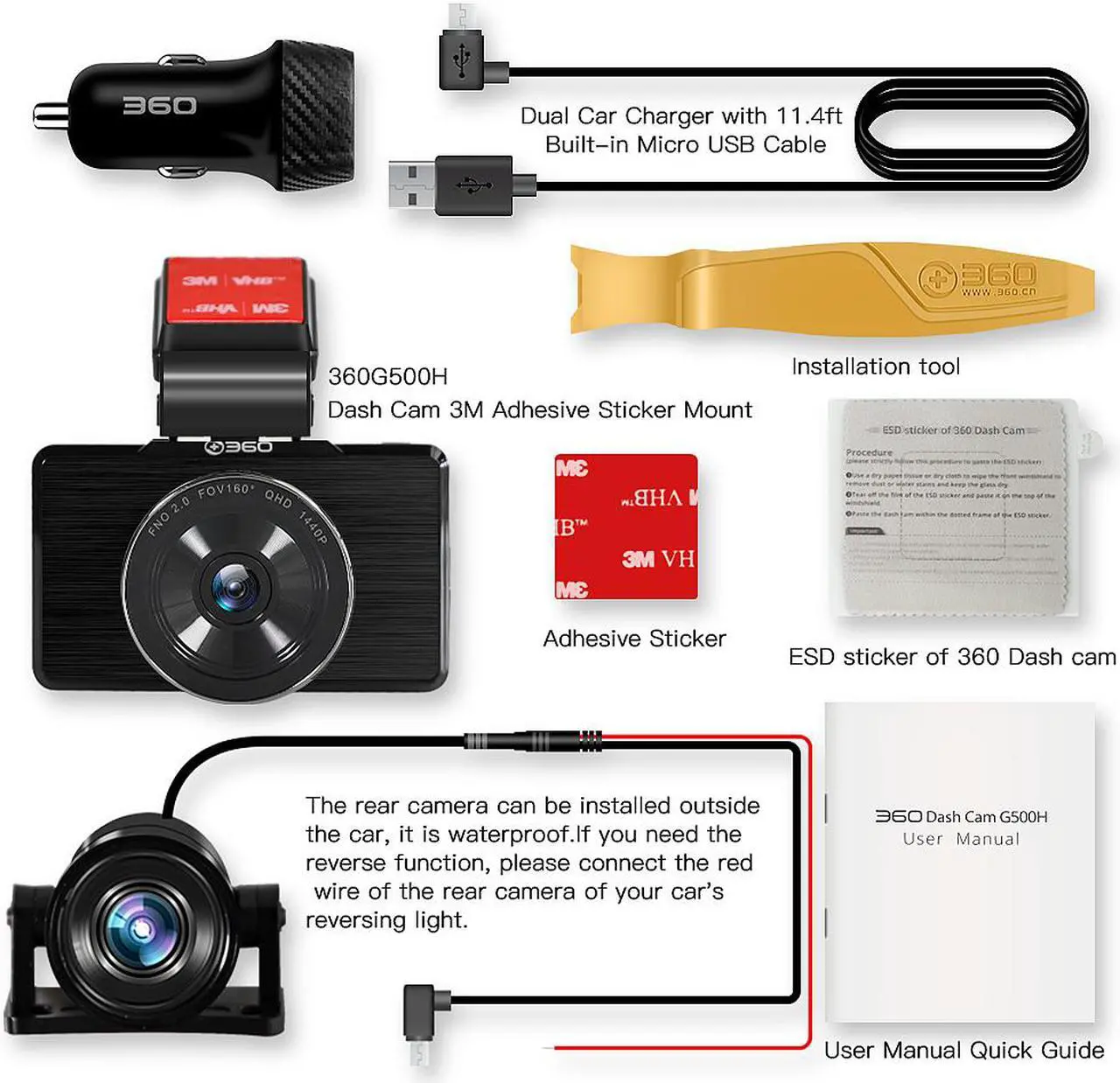 360 G500H Premium 2K Dual Dash Cam, 2560x1440P Front, 1920x1080 Rear ...