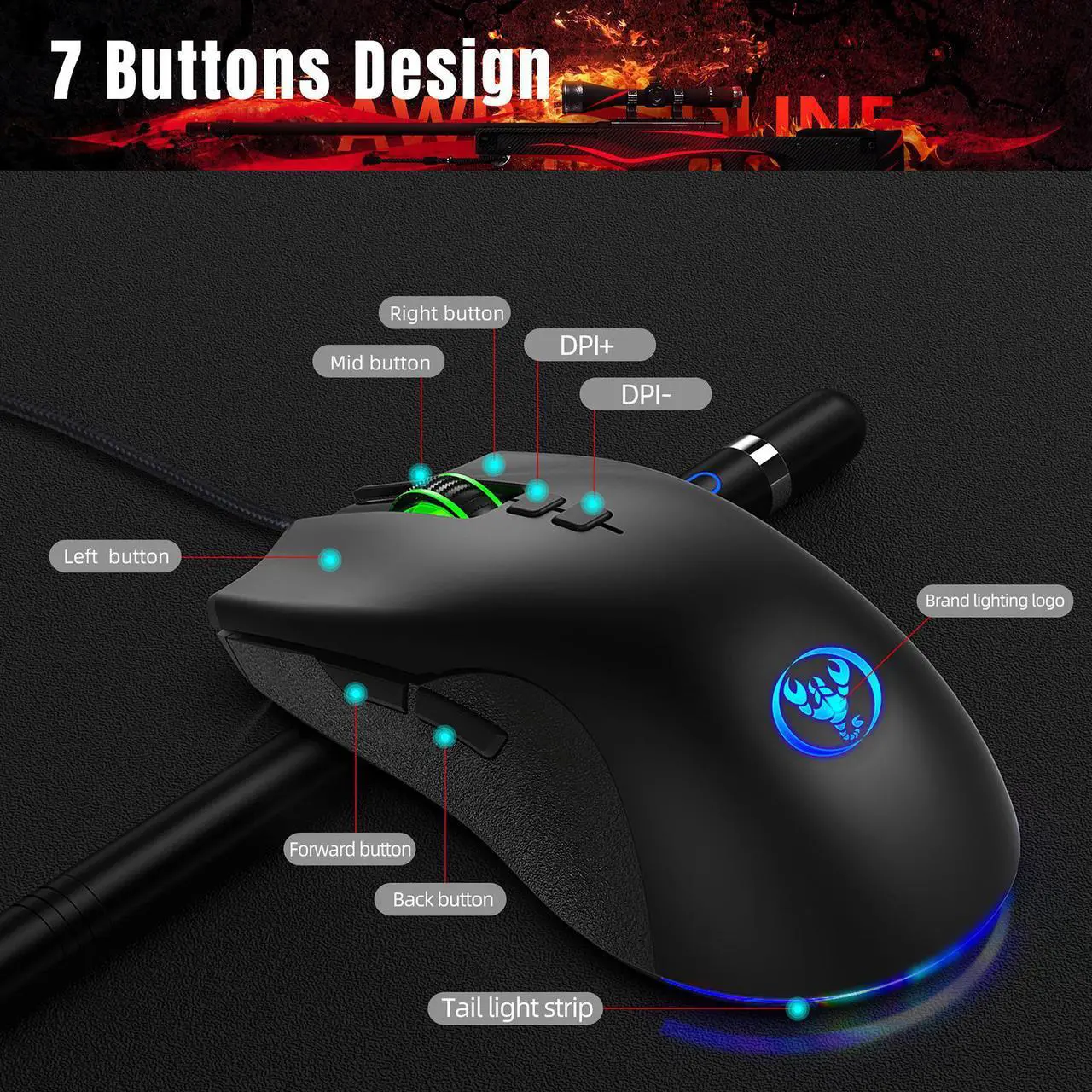 HXSJ A883 USB Wired Gaming Mouse with 7 Macro Programmable Keys, 6400 ...