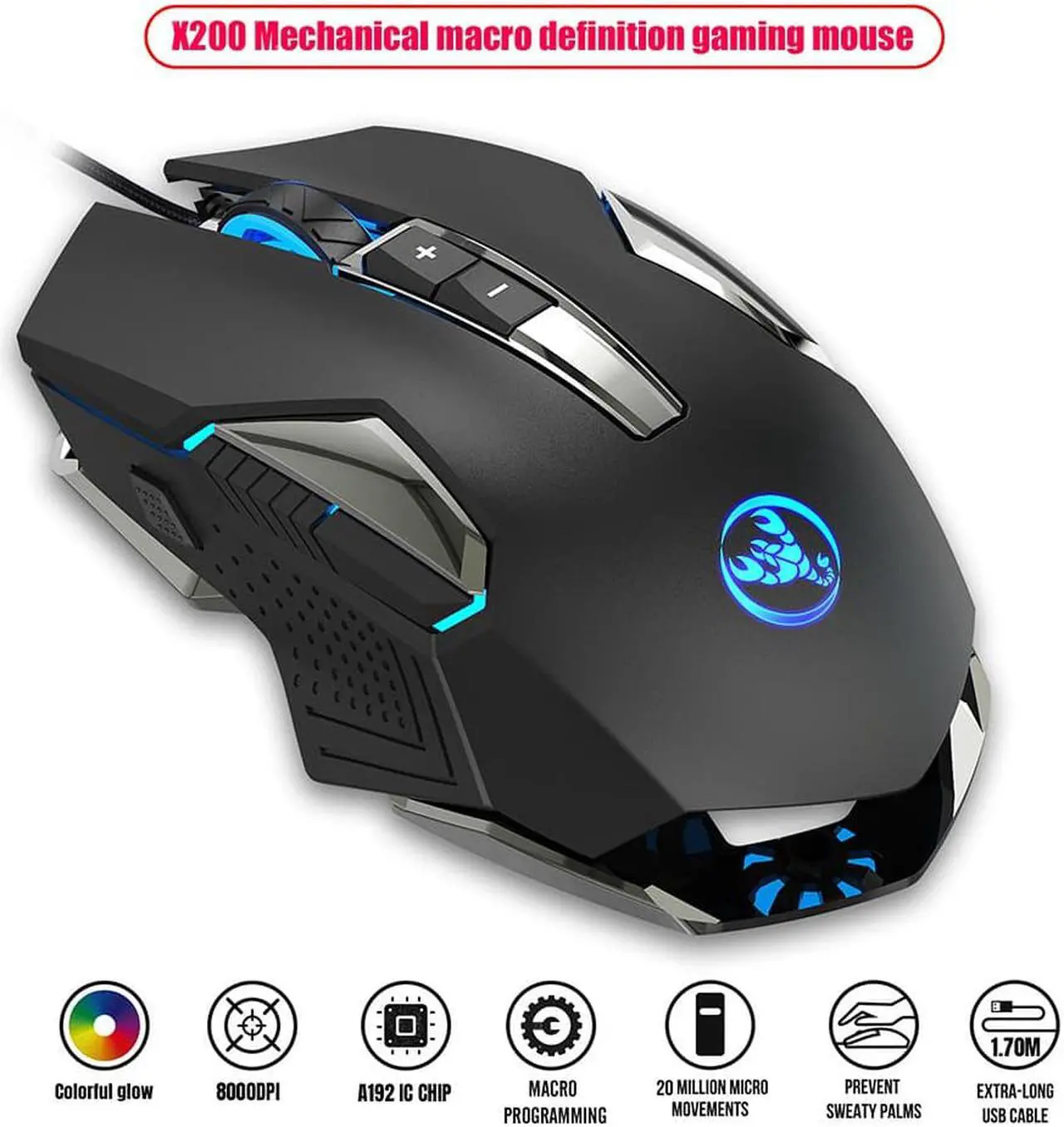 HXSJ X200 Colorful RGB Backlit Macro Programming Gaming USB Wired Mouse ...