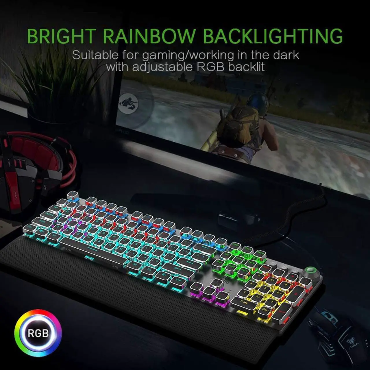 FIODIO Mechanical Gaming Keyboard, LED Rainbow Gaming Backlit, 104 Anti ...