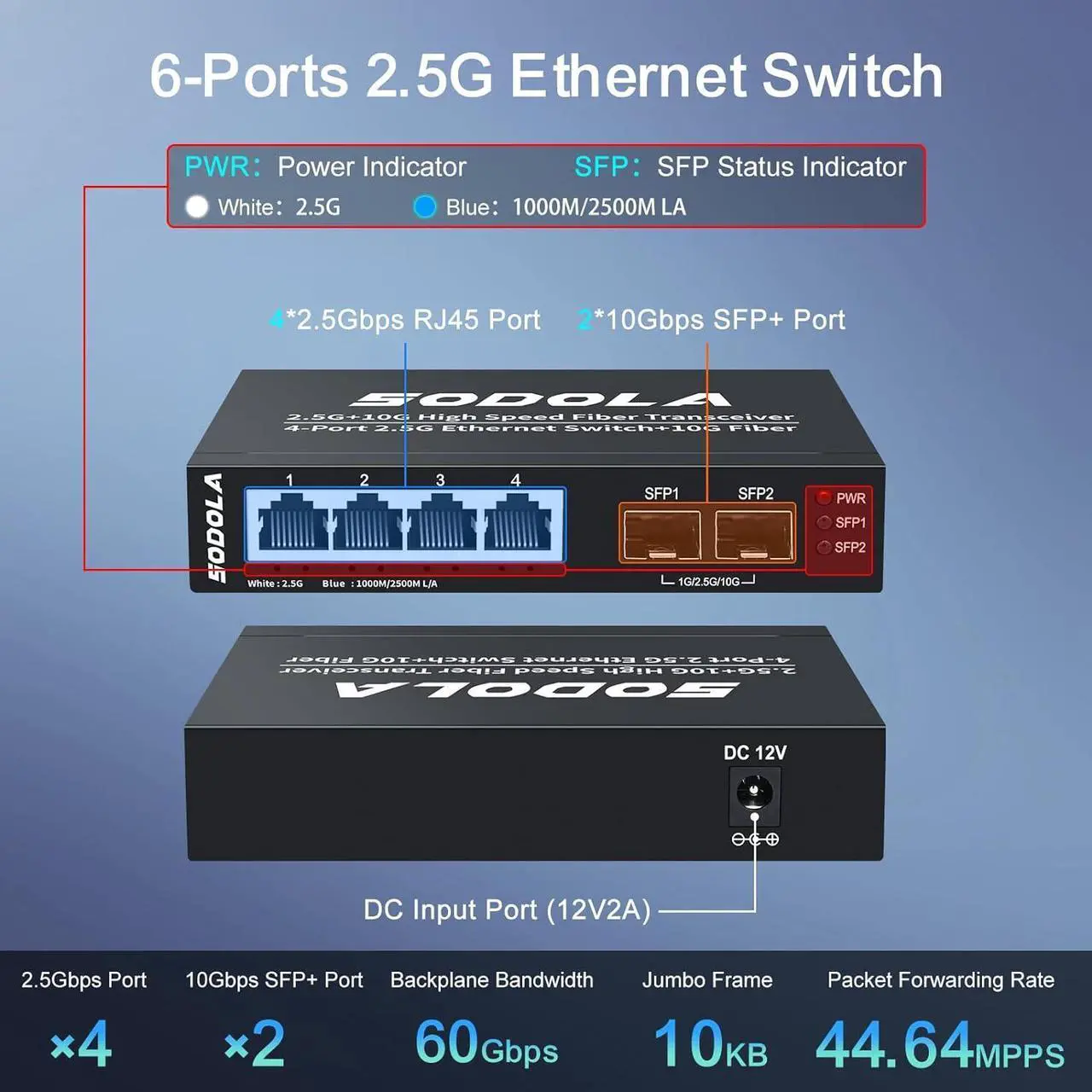 6 Port 2.5G Umanaged Ethernet Switch,4X 2.5GBASE-T Ports,2X 10G SFP ...