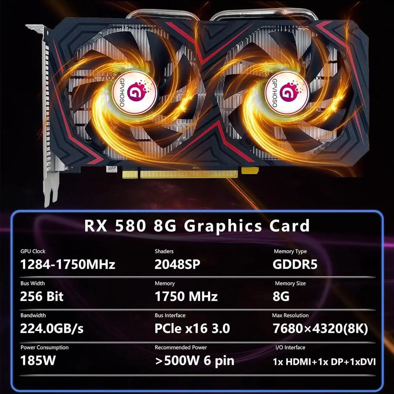 GPVHOSO RX 580 8GB Graphics Card, 2048SP 1284MHz GDDR5 256bit Radeon ...