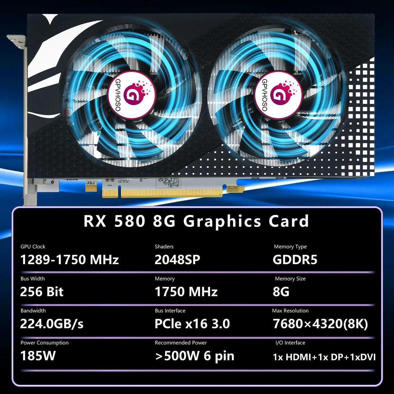 GPVHOSO RX 580 8GB Graphics Card, 2048SP 1284MHz GDDR5 256bit Radeon ...