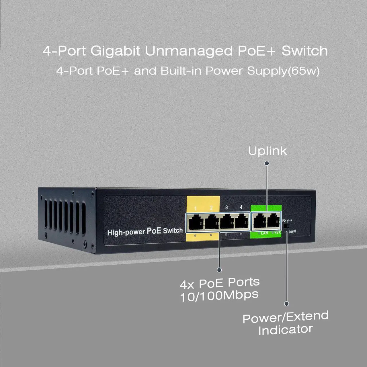Ultrapoe 6 Port PoE Switch 4 Ports 10/100Mbps PoE+ 2 Uplink 65W 803.af ...