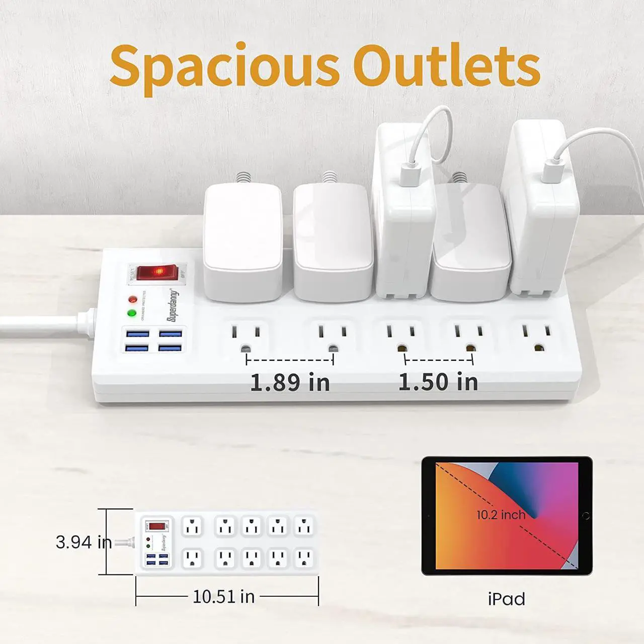 SUPERDANNY 2800 Joules Surge Protector Power Strip 10 AC Outlets and 4 ...