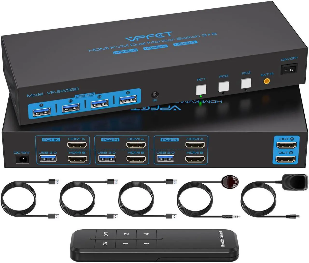HDMI KVM Switch 2 Monitors 3 Computers EDID Simulation 4K@60Hz 3 Ports ...
