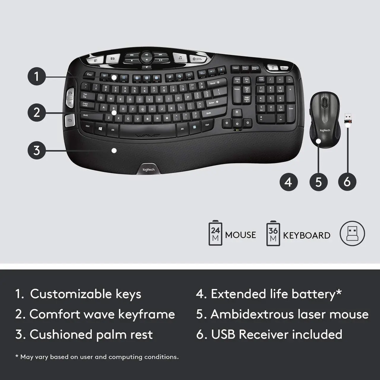 Logitech MK550 Wireless Wave Keyboard and Mouse Combo - Ergonomic Wave ...
