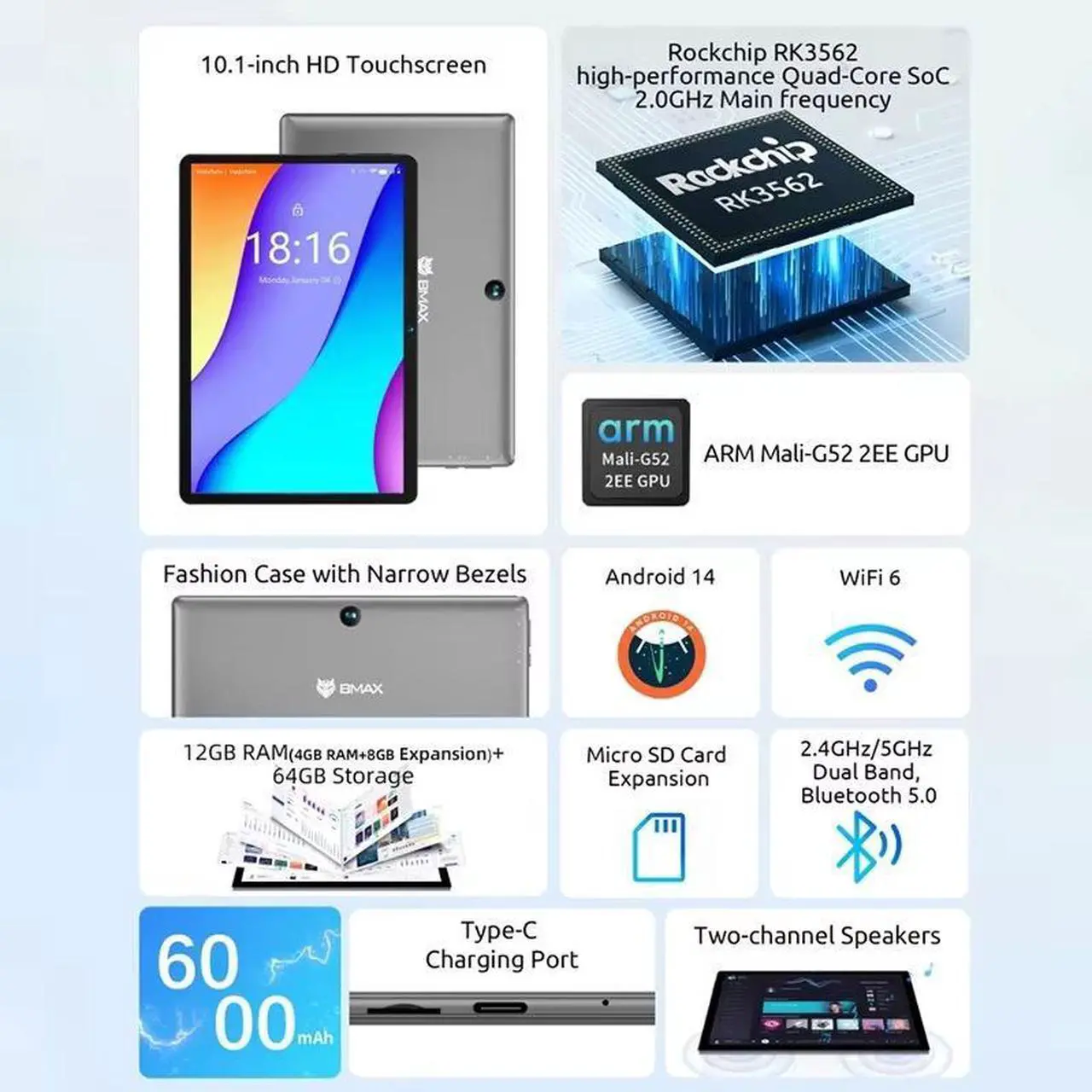 BMAX Kids Tablet I9 Plus Android 14 GPU G522EE 8GB RAM 64GB ROM 10.1 Inch Allwinner RK3562 Quad ...