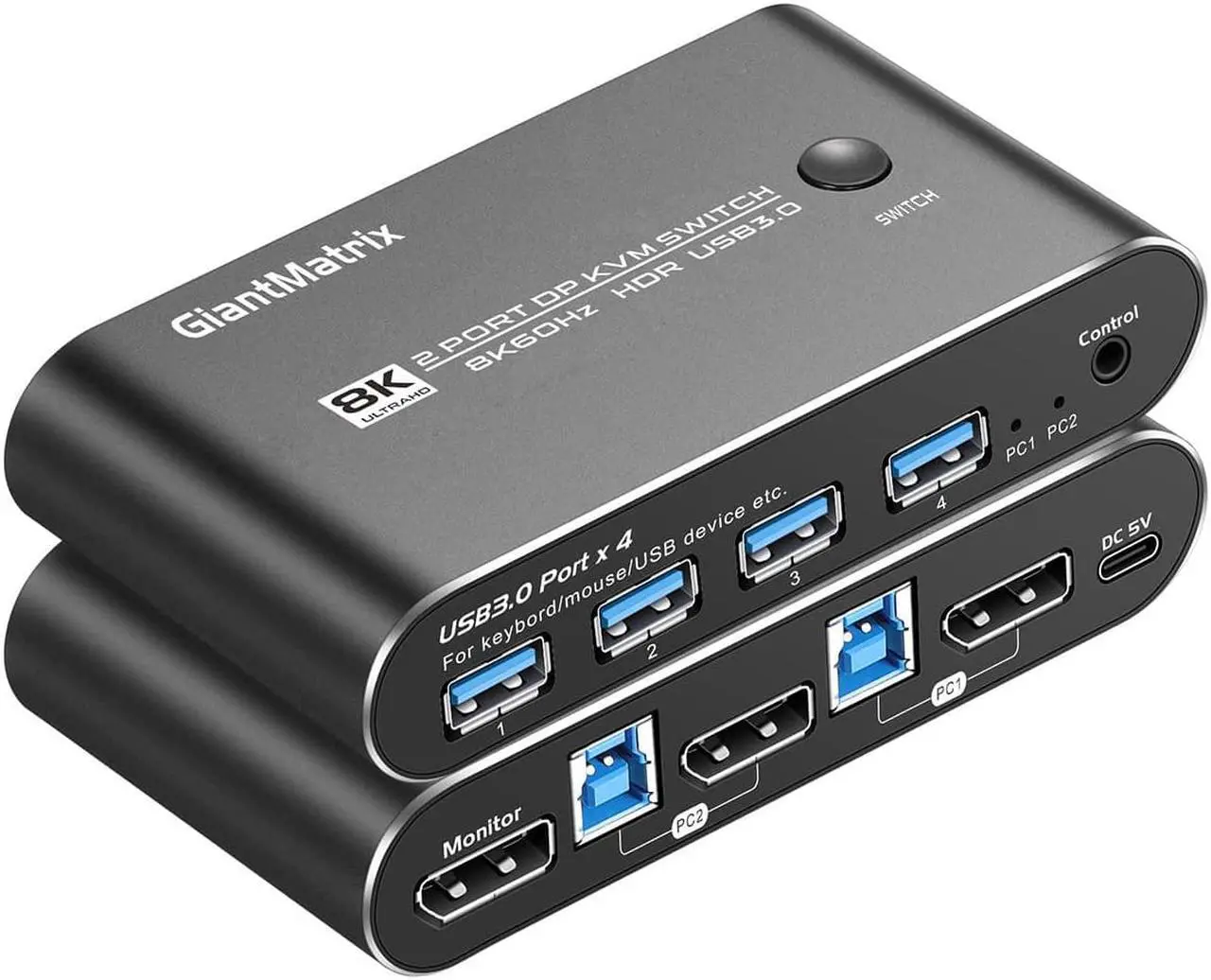 DP2.0 KVM Switch DisplayPort 2 Port KVM Switch 1 Monitors 2 Computers ...