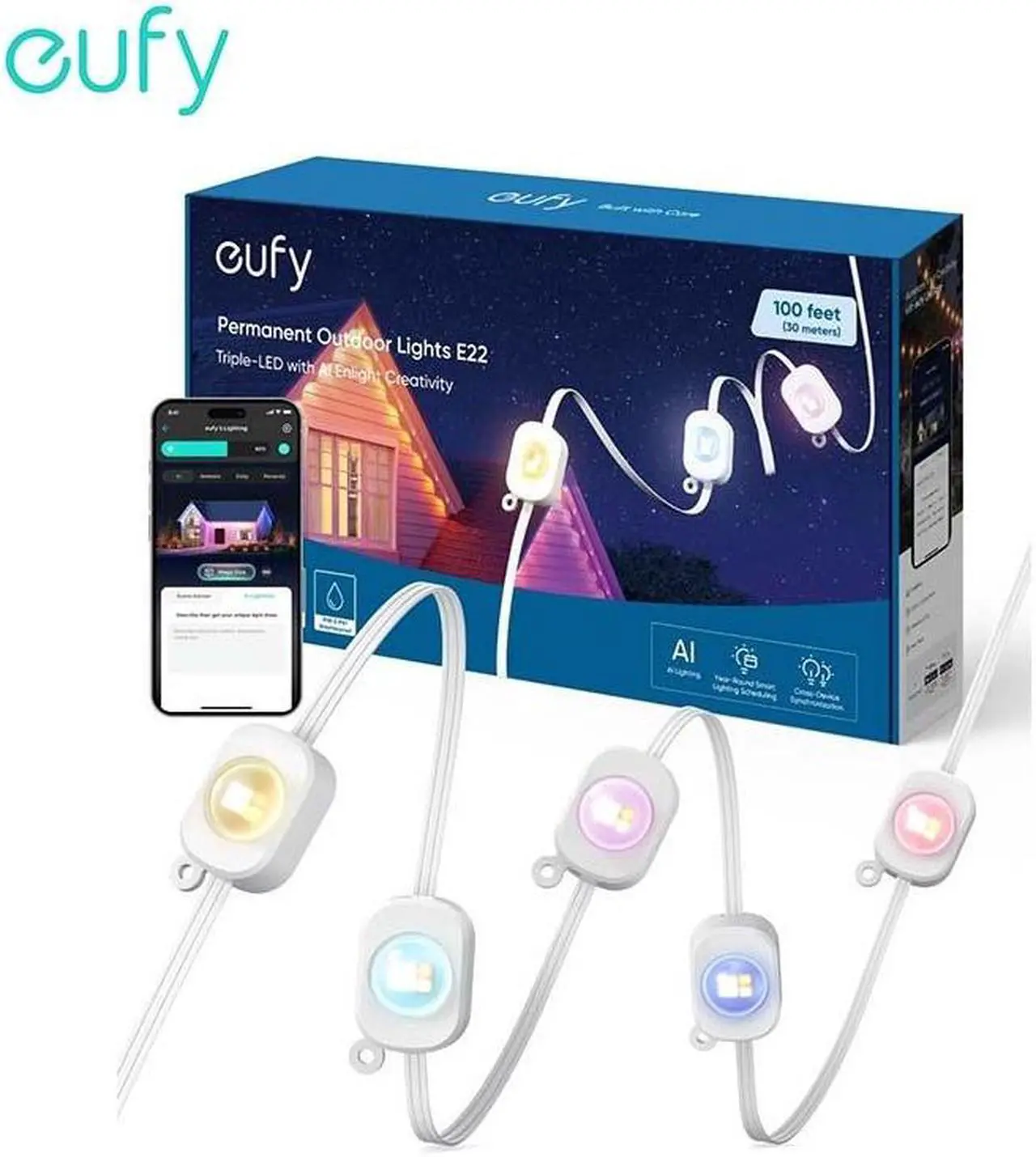 eufy Permanent Outdoor Lights E22, 100ft with 60 Triple-LED Lights ...