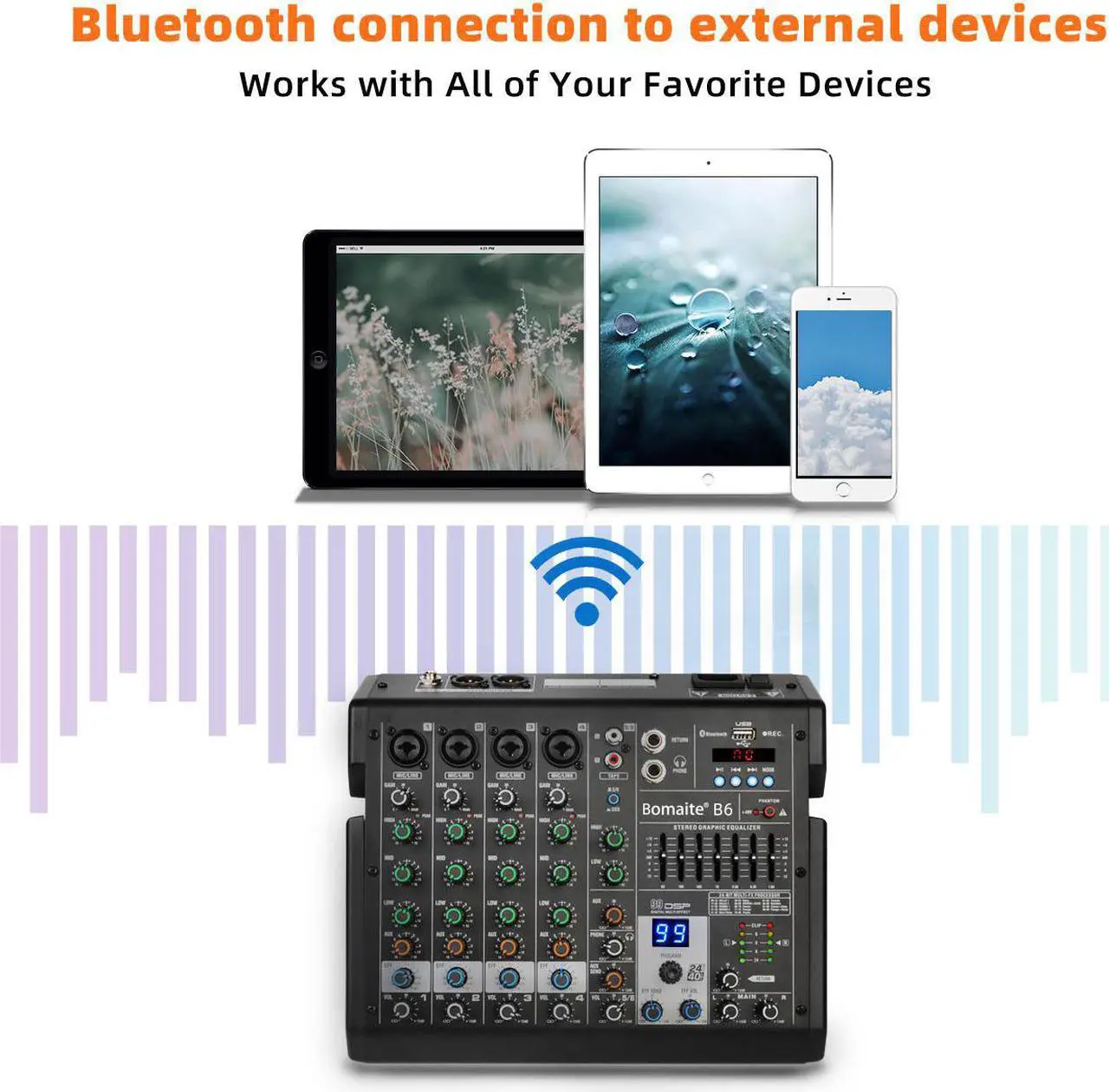 6-Channel Mixer 99 Effects 7 Band EQ Bluetooth Studio Audio Mixer for ...