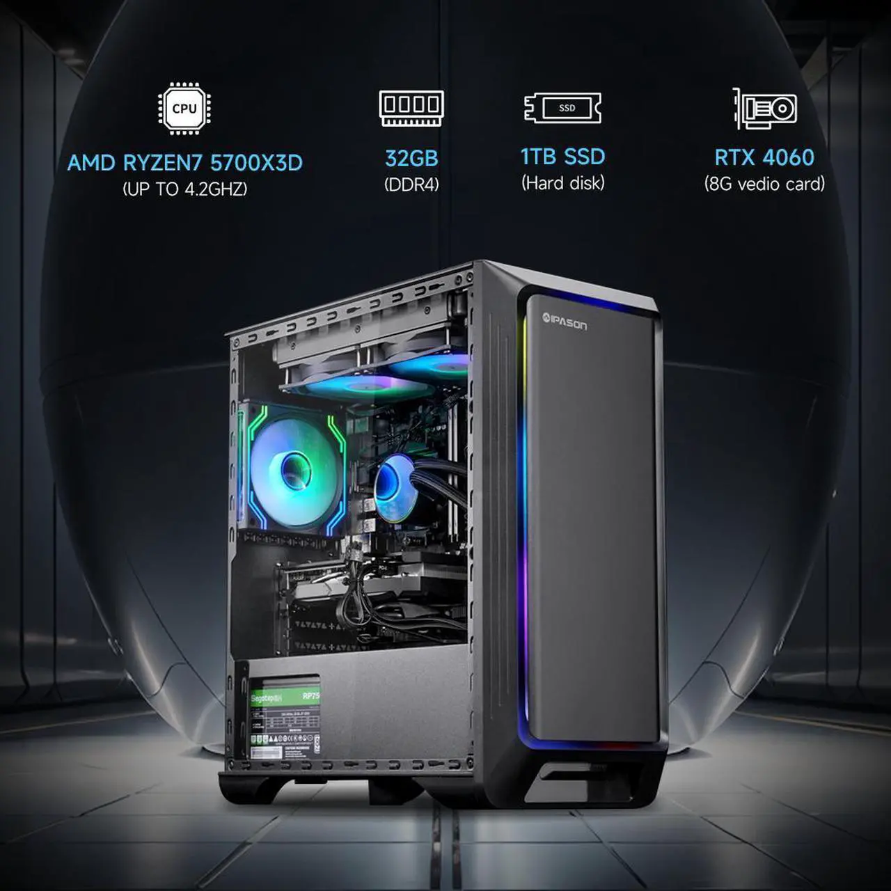 IPASON Gaming PC Desktop Ryzen7 5700X3D (8 Core up to 4.1GHz) ,NVIDIA ...