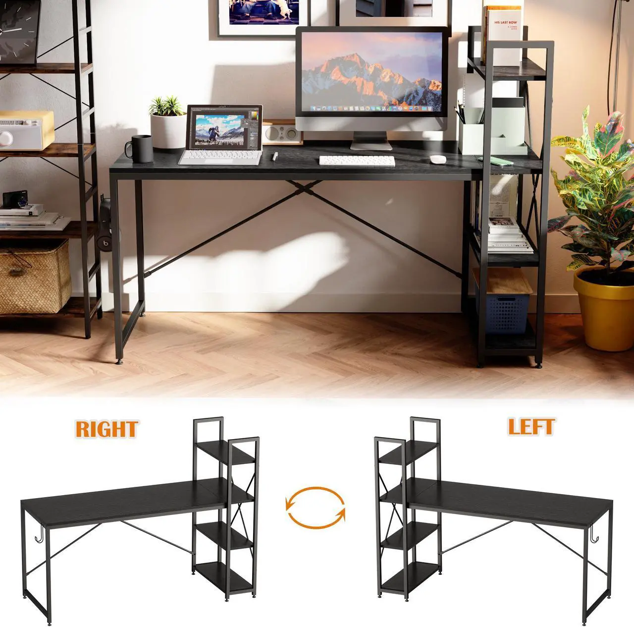 Bestier 63 Inch Computer Desk with Storage Shelves, Modern Bookshelf ...
