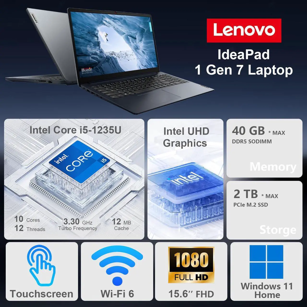Lenovo IdeaPad 1i Laptop, 15.6" FHD Touchscreen, Intel Core i5-1235U ...