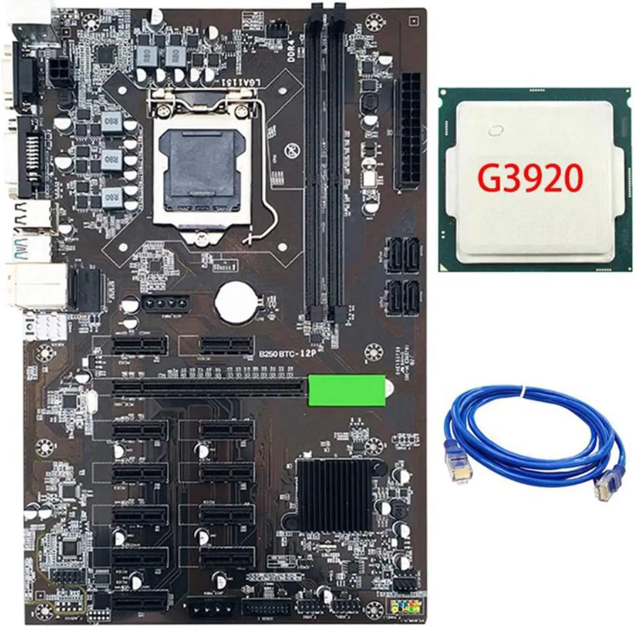 B250C BTC Mining Motherboard with RJ45 Network Cable+G3920 CPU 12XGraphics Card Slot LGA 1151 ...