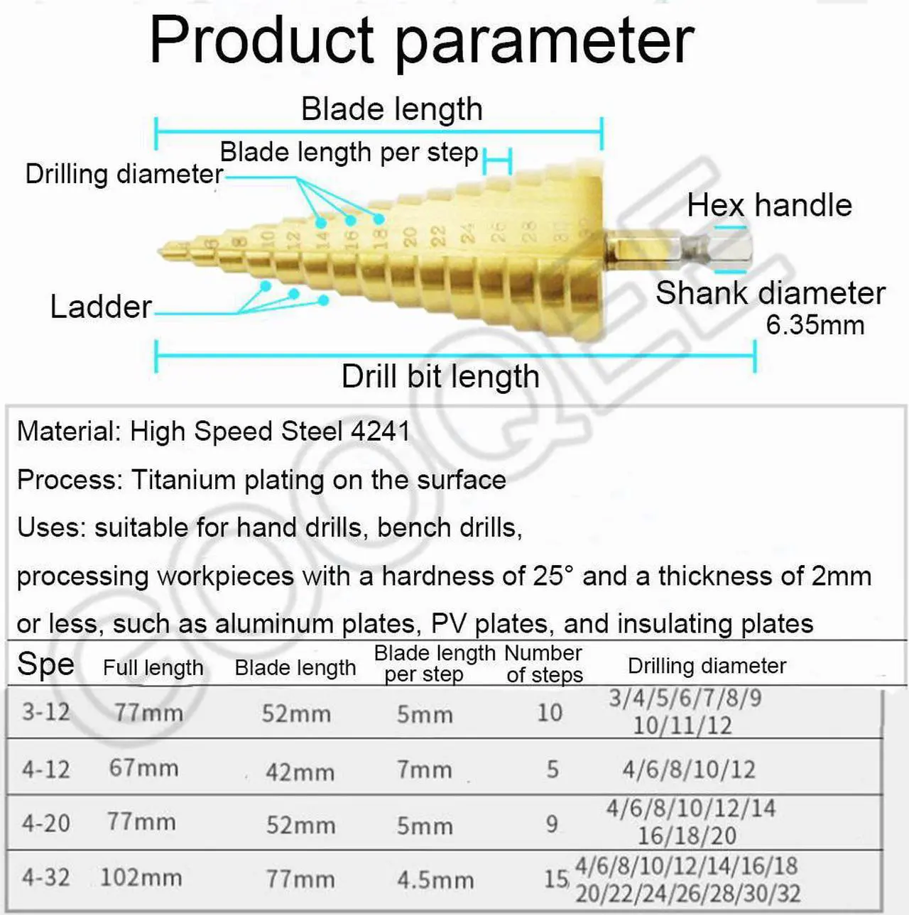 6PCS HSS Steel Titanium Step Drill Bit Set 4-12 20 32mm Metal Hole ...