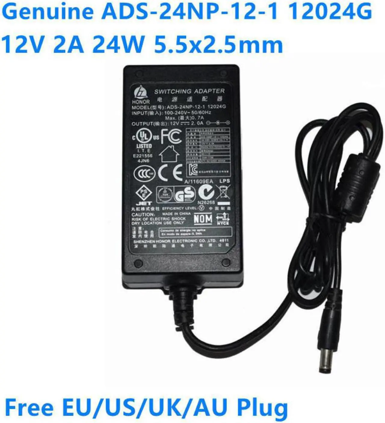 HONOR ADS-24NP-12-1 12024G 12V 2A 24W AC Switching Adapter For 24W ...