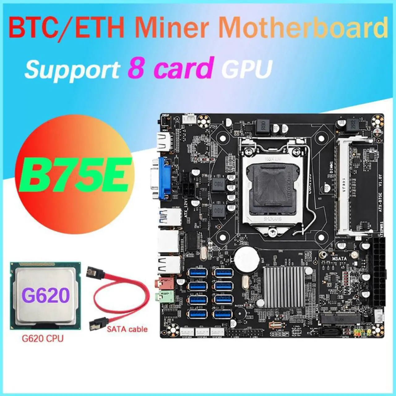 B75E 8 Card BTC Mining Motherboard+G620 CPU+SATA Cable B75 Chip LGA1155 ...