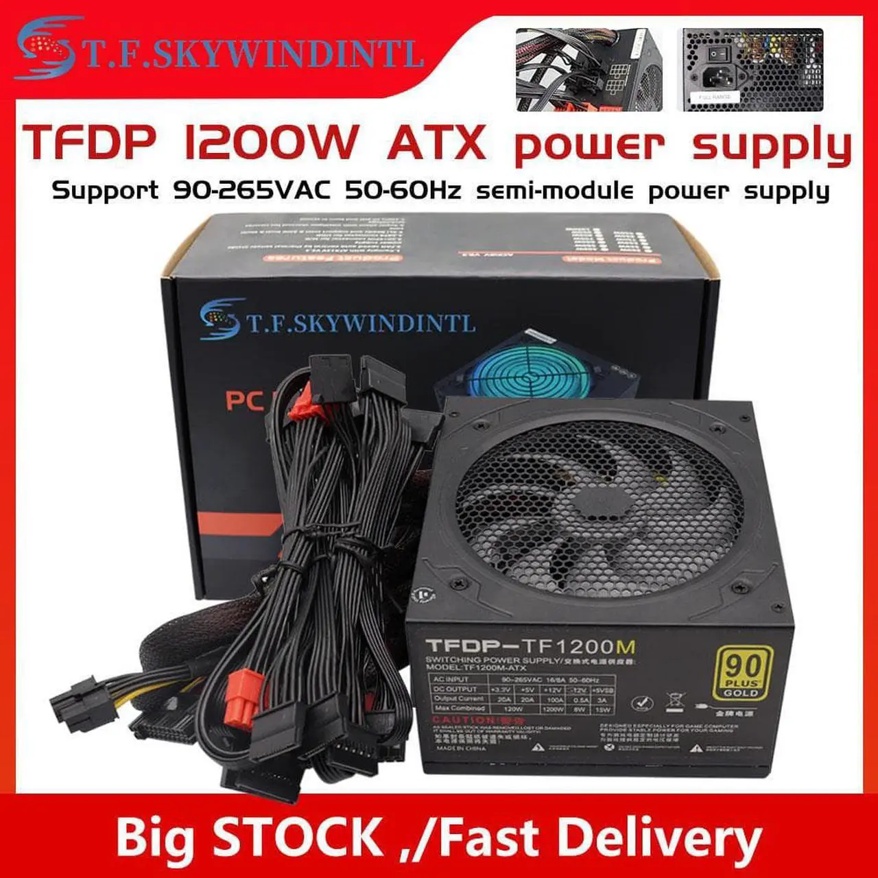 1200W PC Power Supply Gold ATX Desktop Gamer Half Modular Power Supply ...