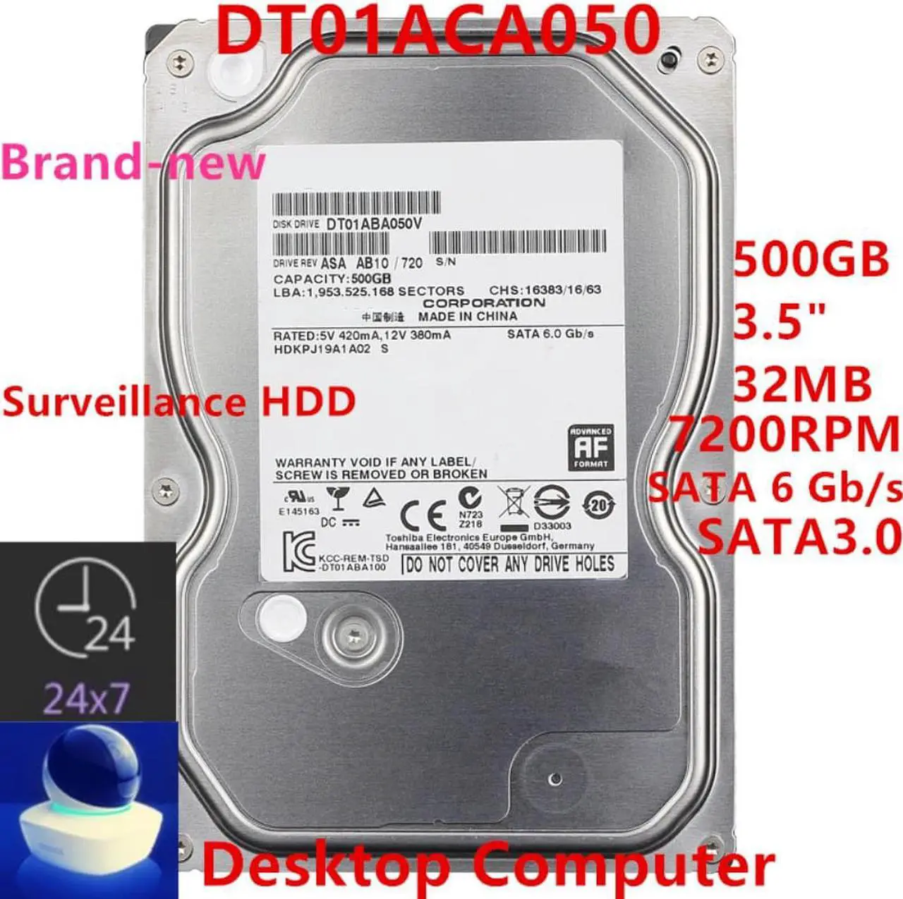 HDD For Toshiba Brand 500GB 3.5" SATA 6 Gb/s 32MB 7200RPM For Internal ...
