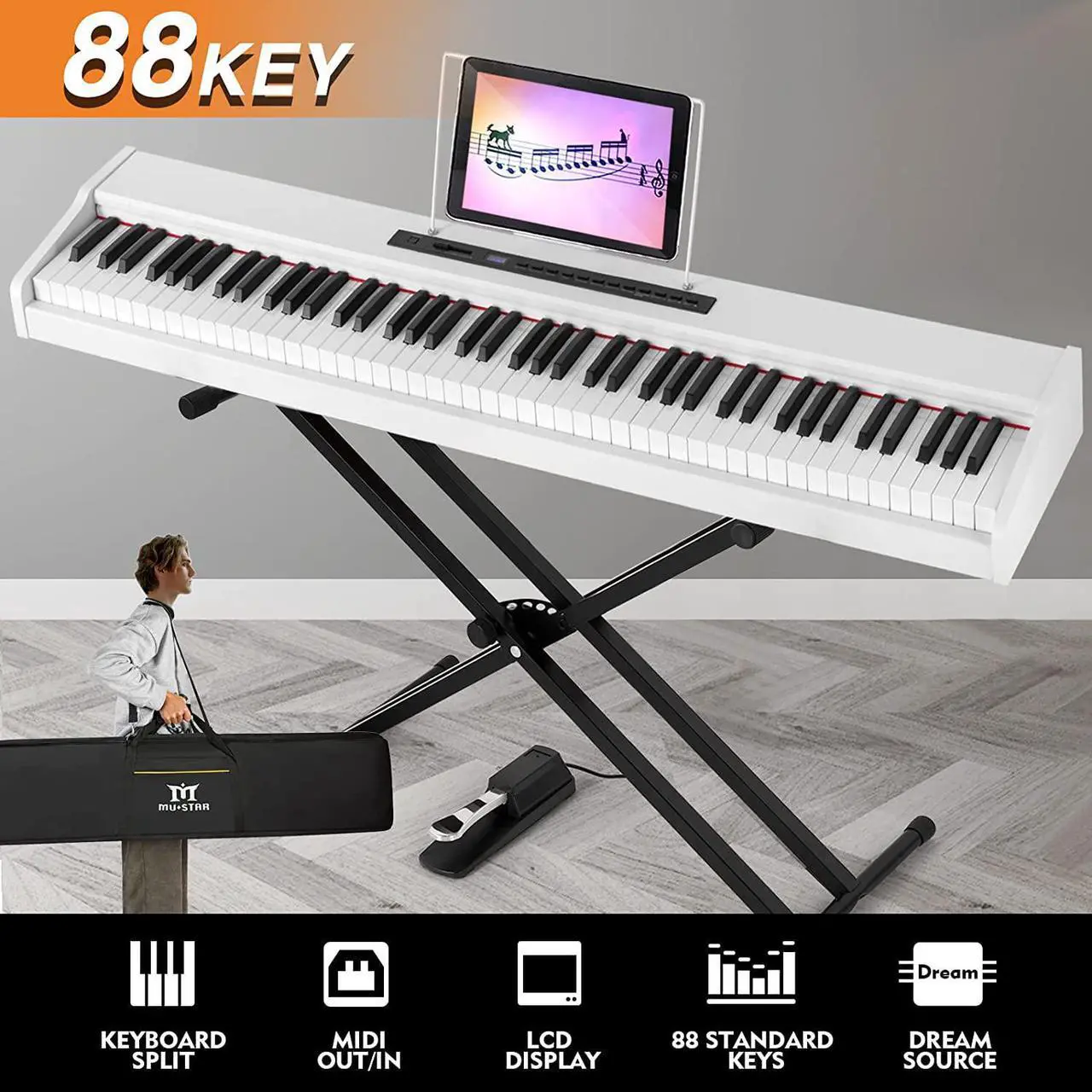 Mustar 88-Key Electronic Digital Piano, Semi Weighted Keys, MDF, Double ...