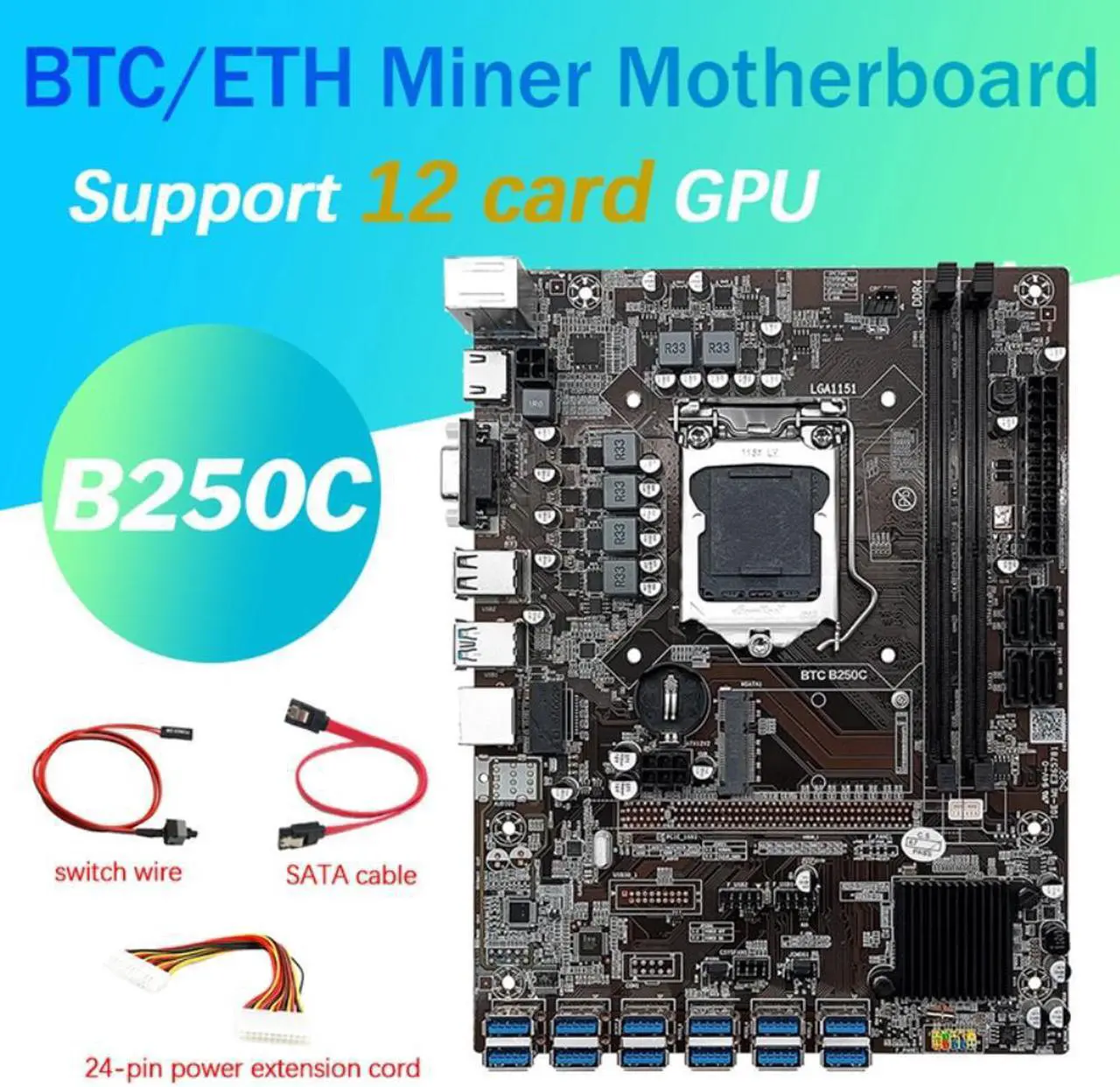 B250C 12 Card BTC Mining Motherboard+24Pin Power Extension Cable+SATA ...